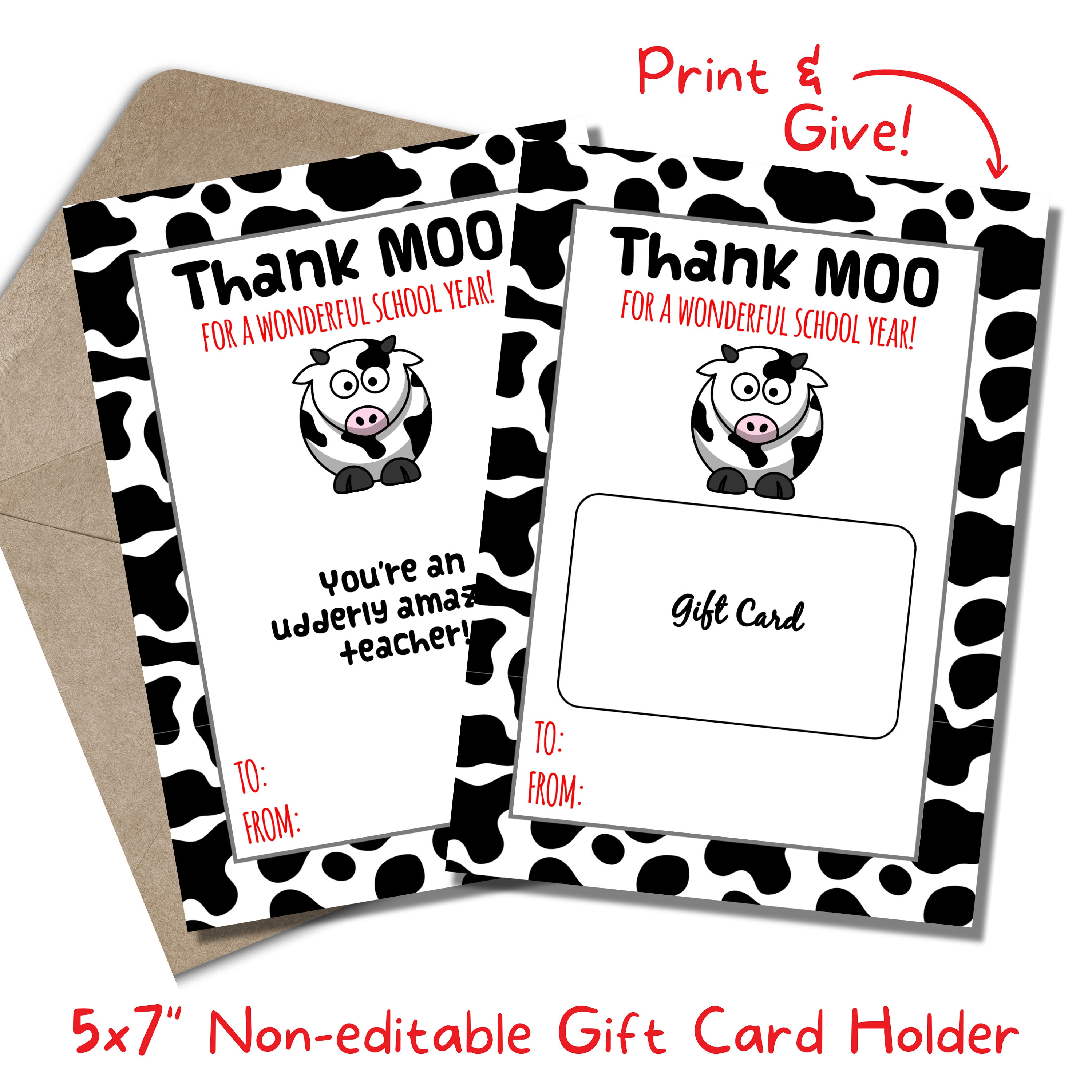 End of Year Teacher Gift Card Holder - Cow Restaurant Printable Gift ...