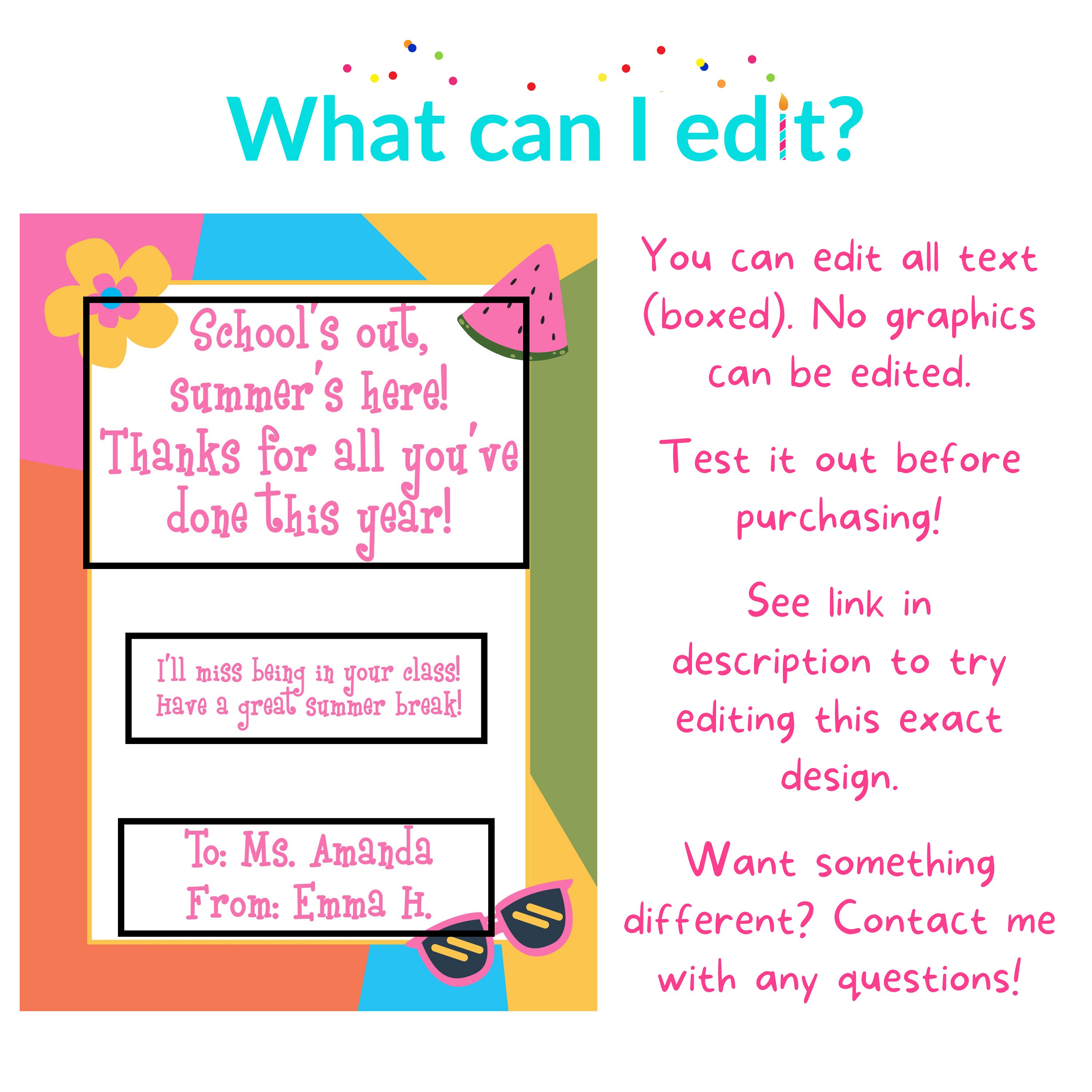 End of Year Teacher Printable Gift Card Holder - Colorful Summer Gift ...