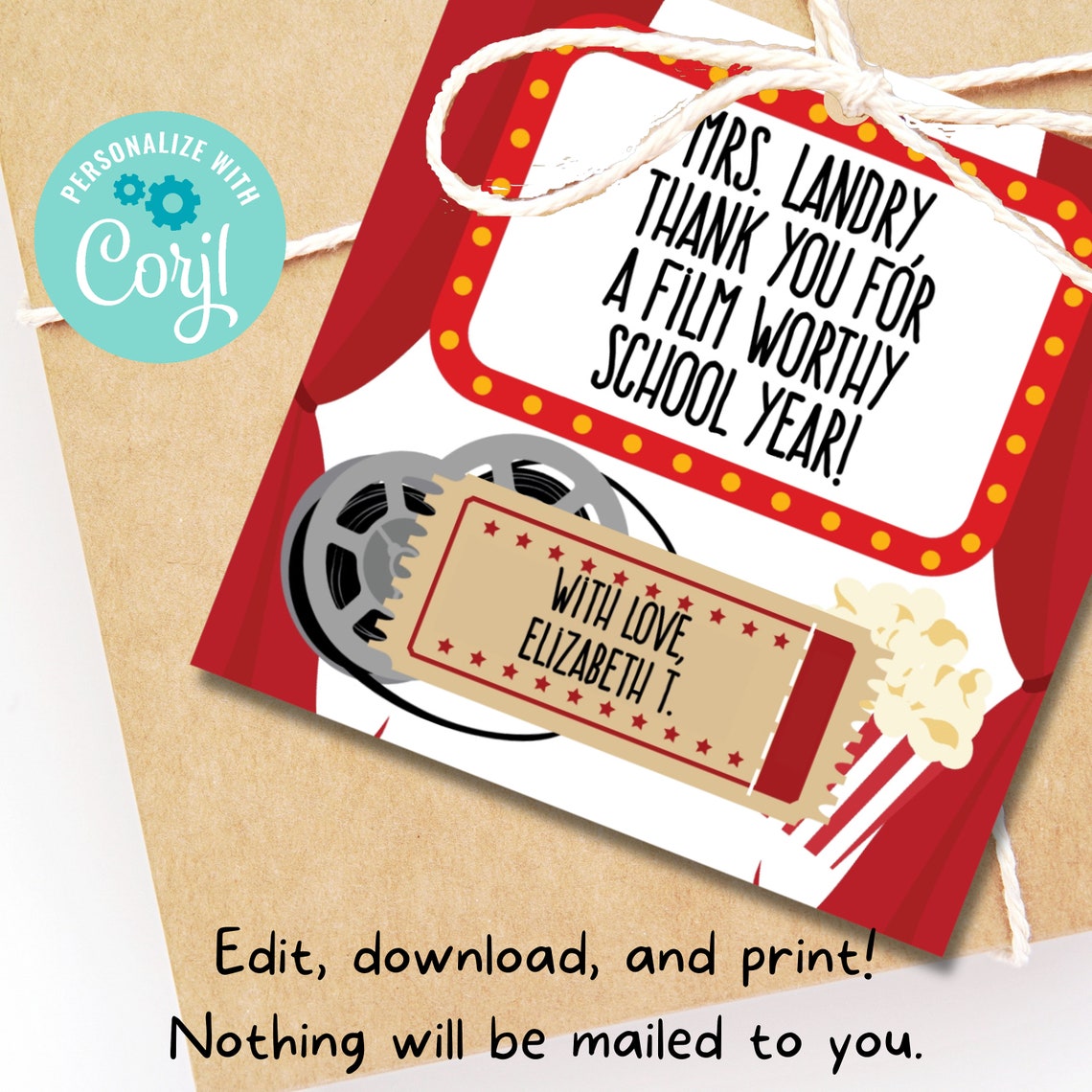 Movie Night Favor Tag 4x4 Inch - Movie and Popcorn Night Teacher ...