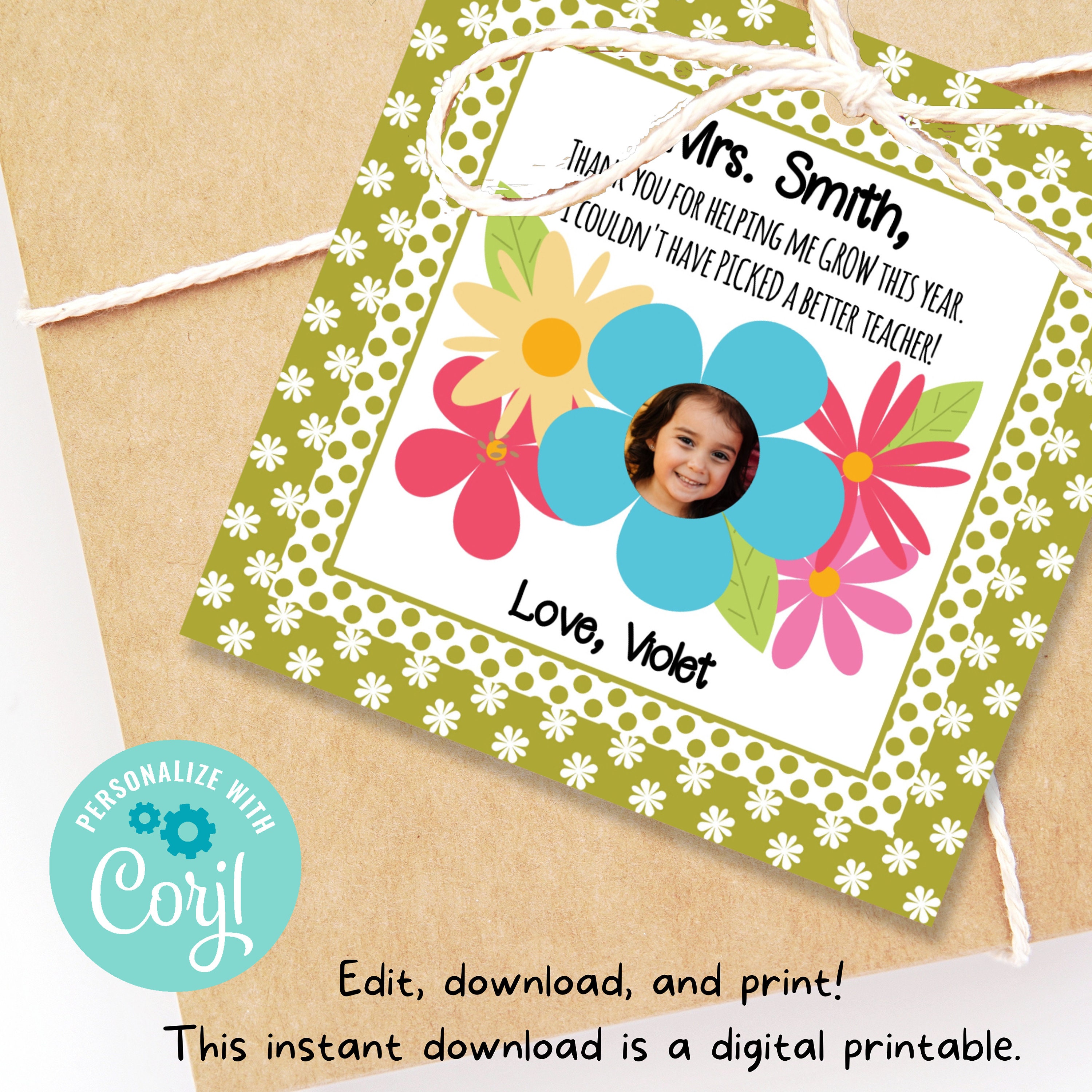 Preschool Teacher Flower Gift Tag - Editable Tag With Child's Picture ...