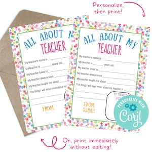 All About My Teacher Printable Card - Student Questionnaire - Teacher ...