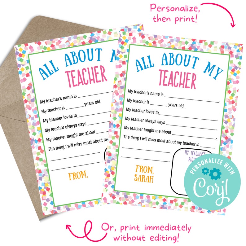 All About My Teacher Printable Card - Student Questionnaire - Teacher ...