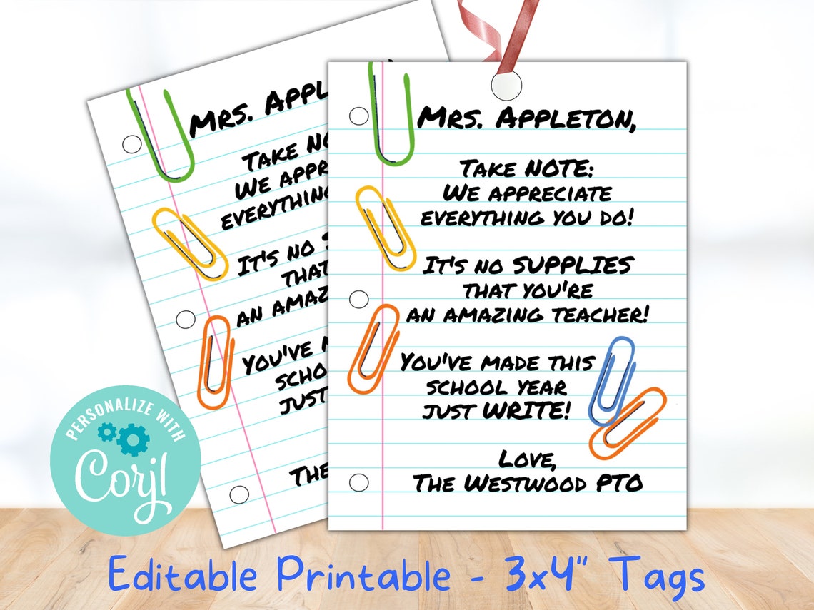 Editable Teacher Appreciation School Supplies Gift Tag - Etsy
