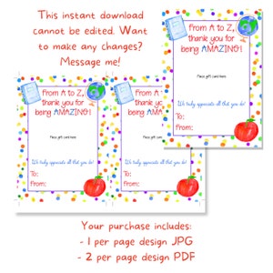 Amazing Teacher From A to Z Gift Card Holder Printable - Teacher ...