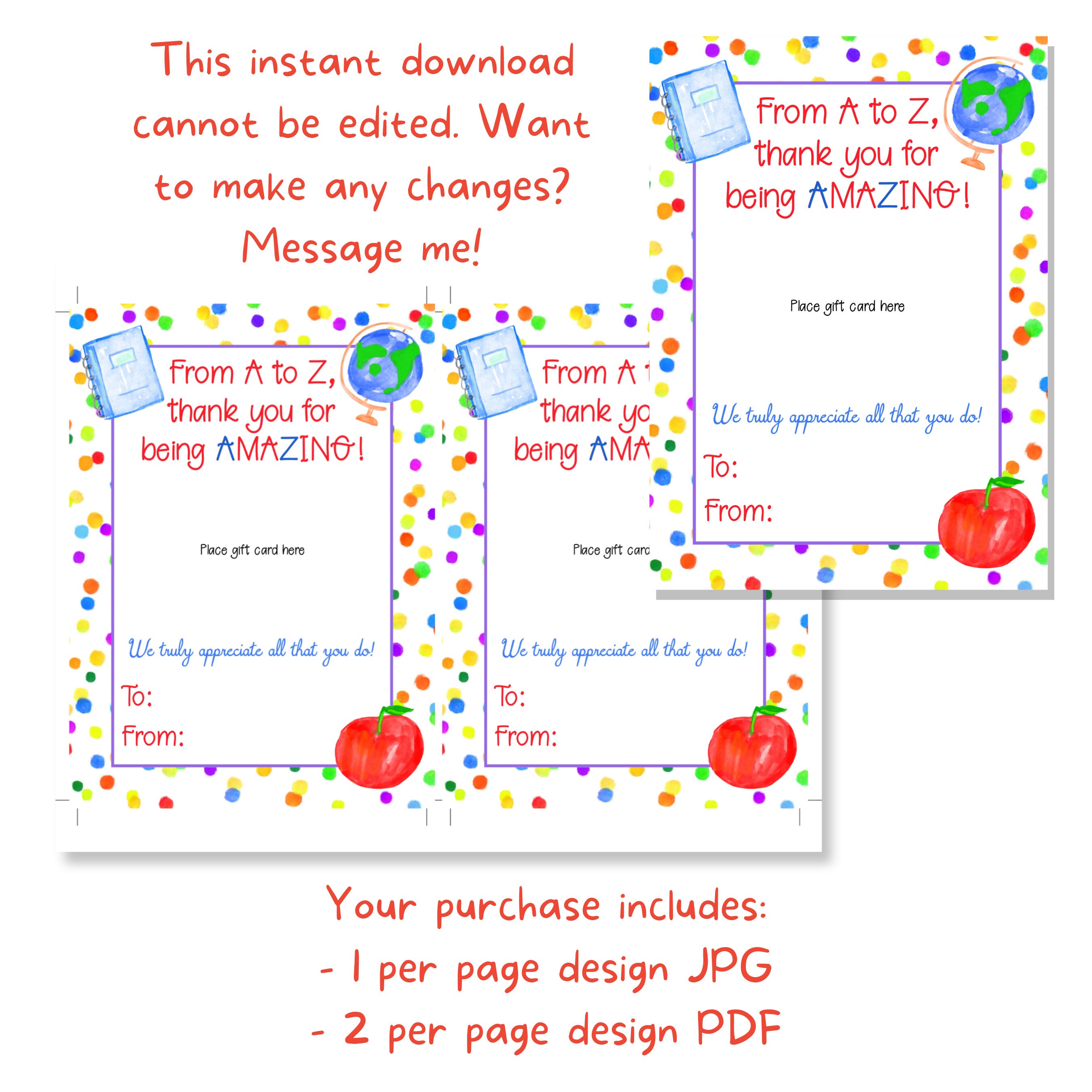 Amazing Teacher From A to Z Gift Card Holder Printable - Teacher ...