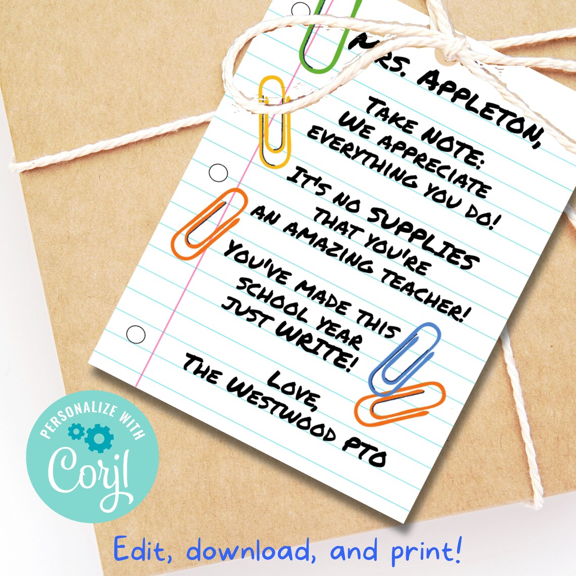 Editable Teacher Appreciation School Supplies Gift Tag 3x4" - Back to ...