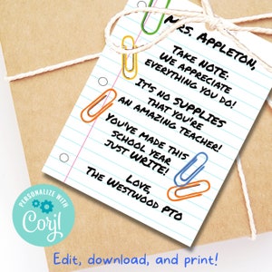 Editable Teacher Appreciation School Supplies Gift Tag 3x4" - Back to ...