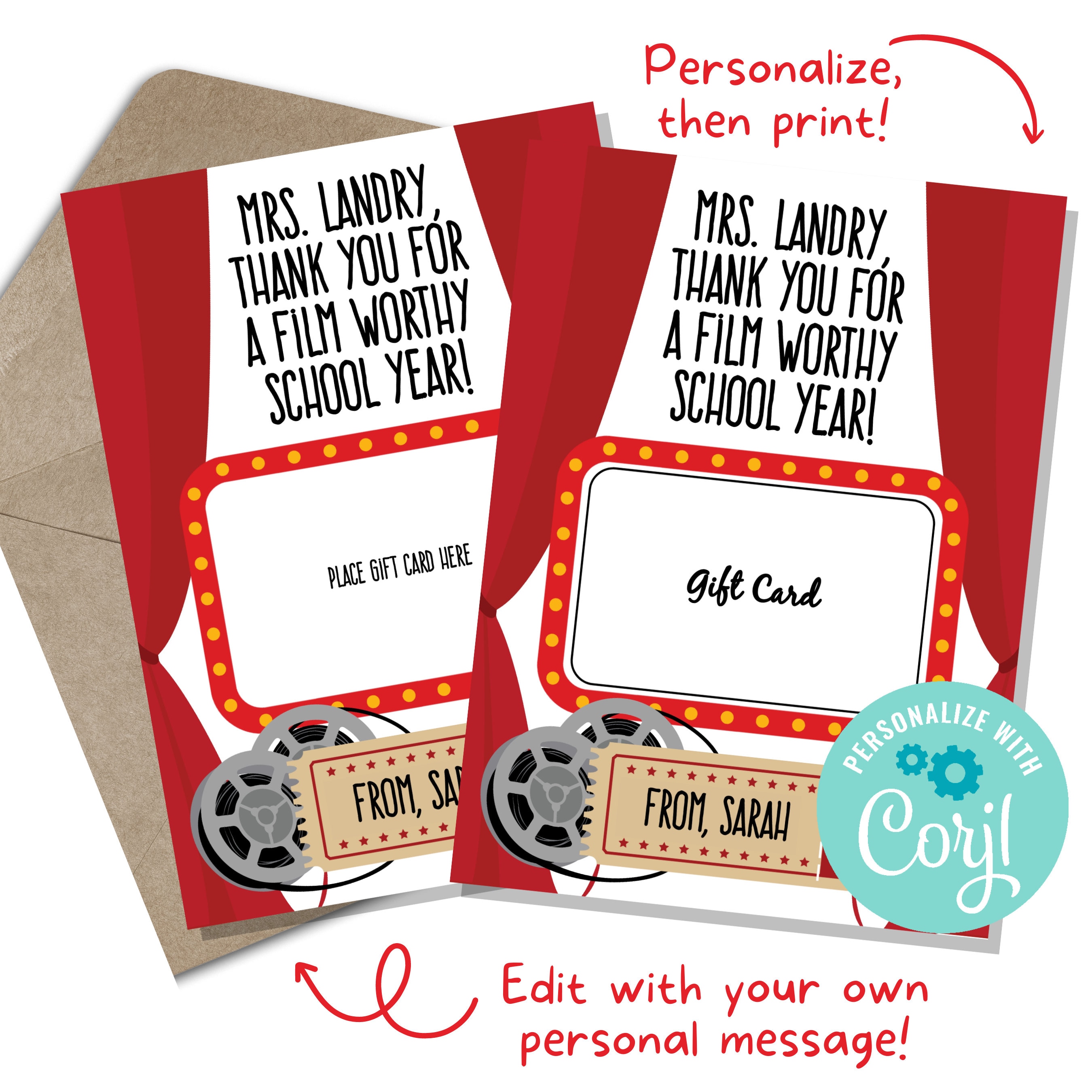 Teacher Appreciation Movie Theater Gift Card Holder - End of School ...