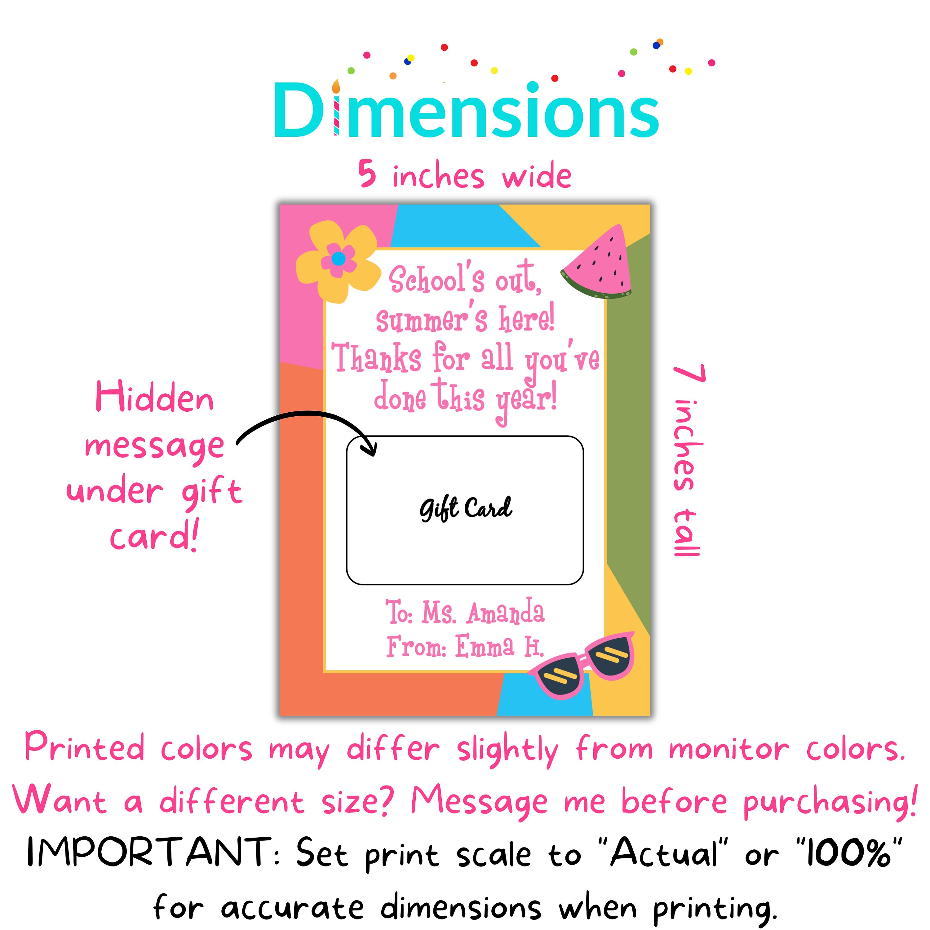 End of Year Teacher Printable Gift Card Holder - Colorful Summer Gift ...