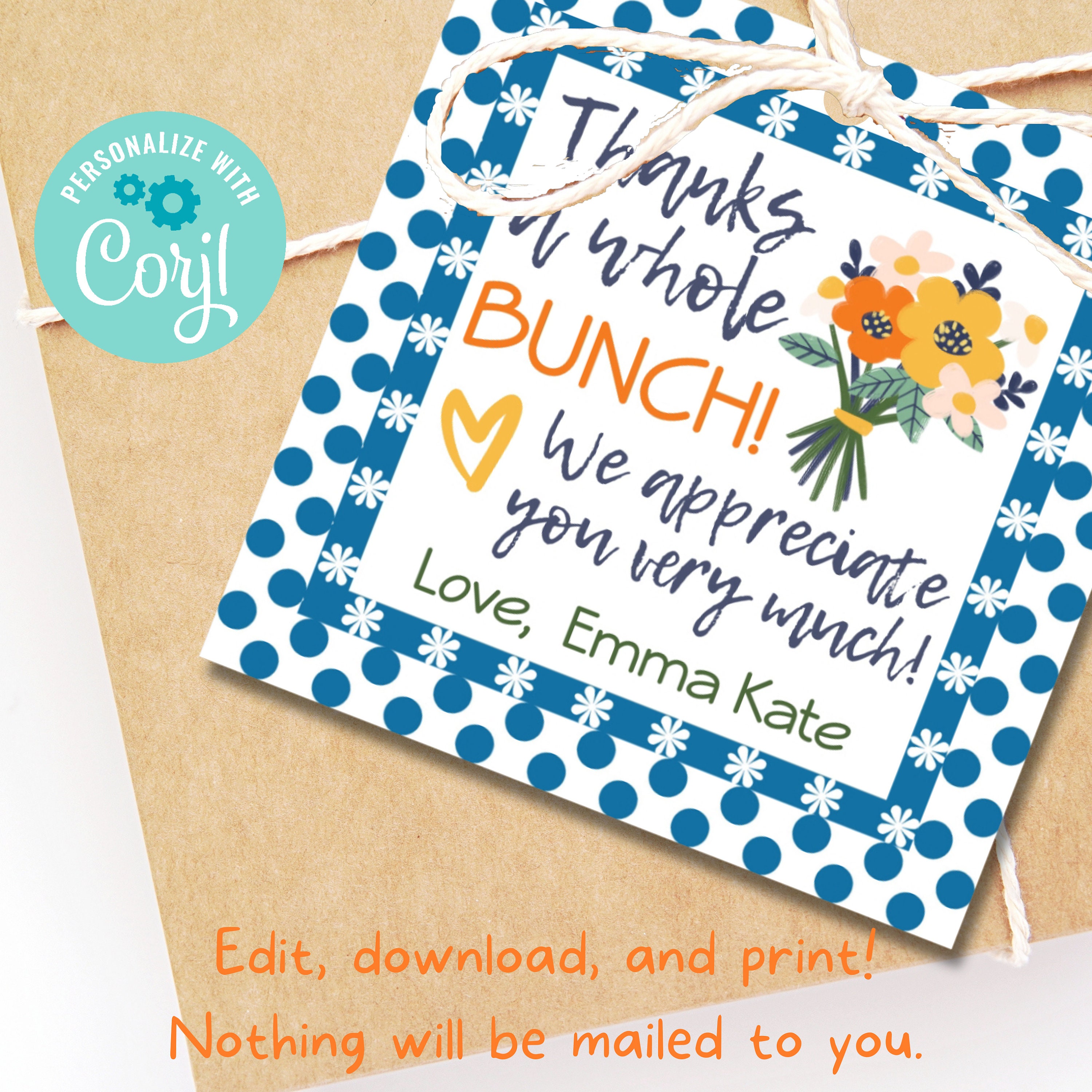 Printable Blue Floral Thank You Tags - Thanks a Bunch Gift Tag for ...