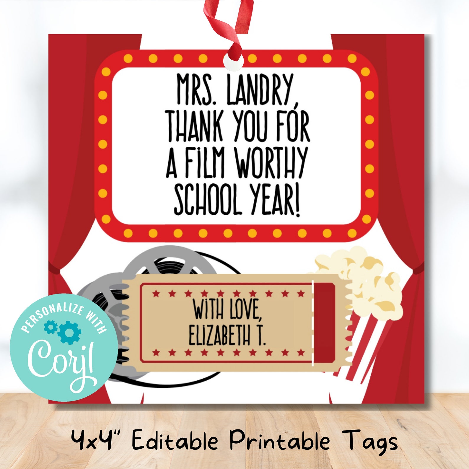 Movie Night Favor Tag 4x4 Inch - Movie and Popcorn Night Teacher ...