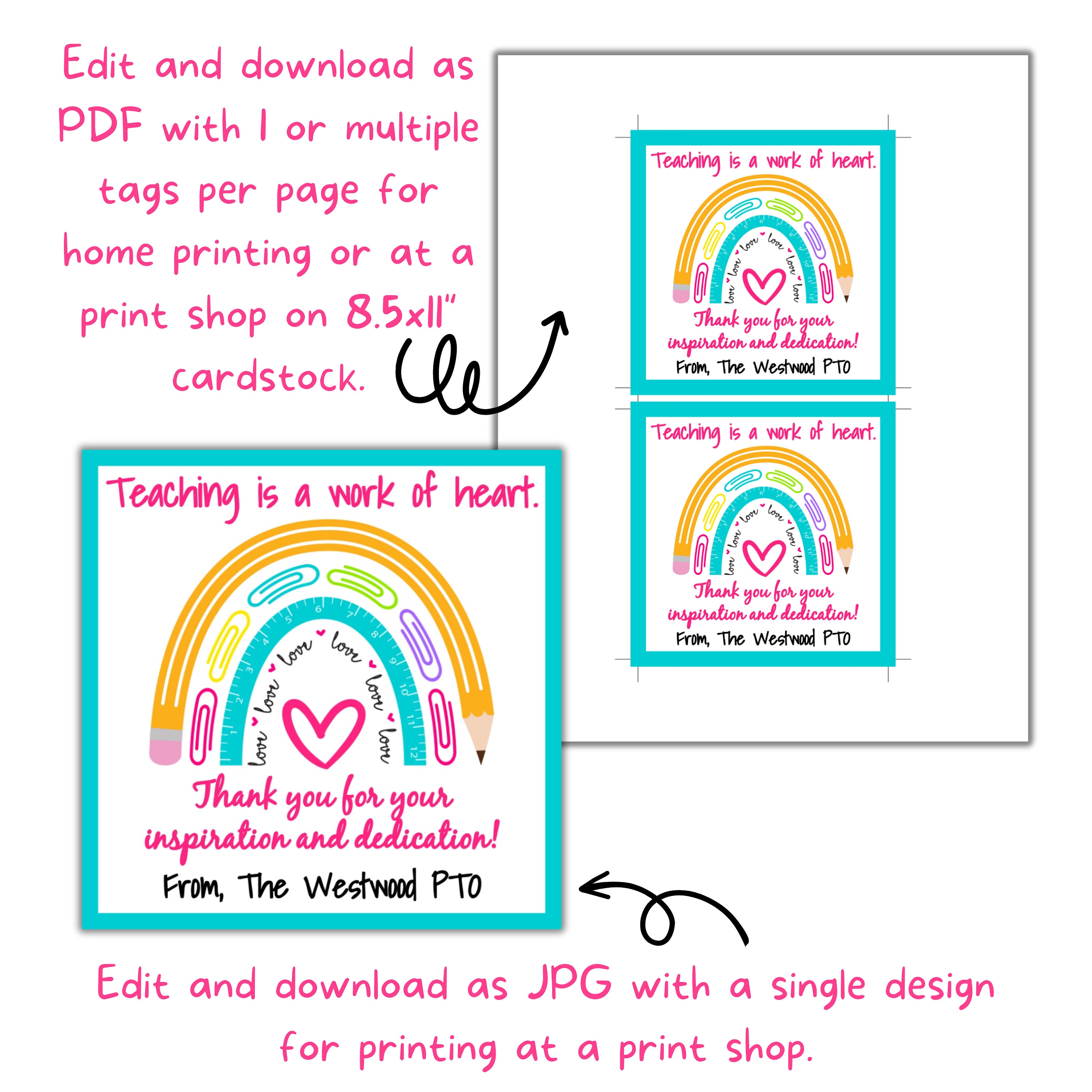 Printable Teaching is a Work of Heart Tag Teacher Thank You - Etsy