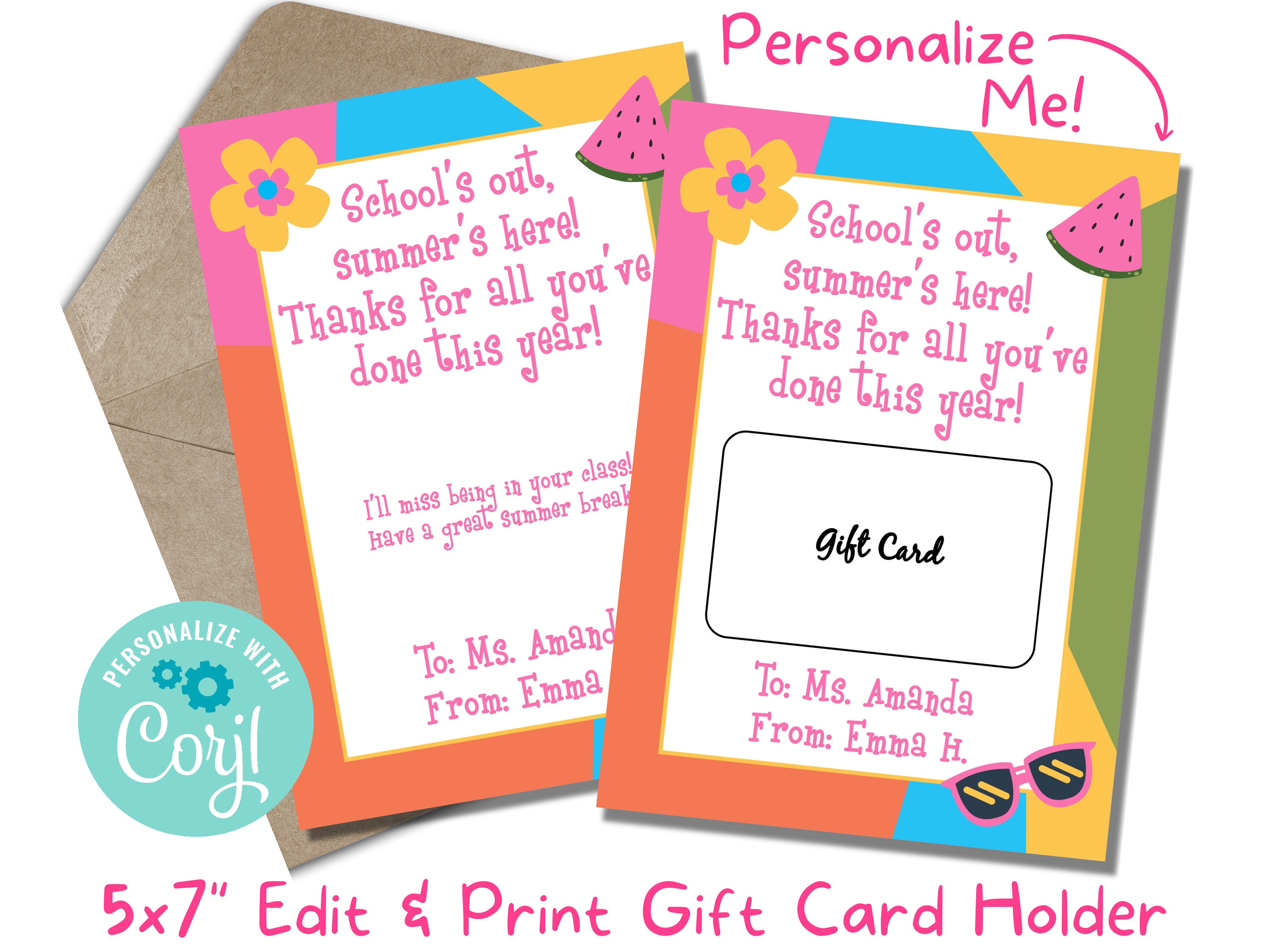 End of Year Teacher Printable Gift Card Holder Colorful - Etsy