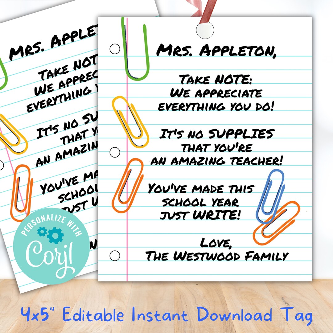 Printable Teacher Note Tag for School Supplies 4x5" - Editable ...