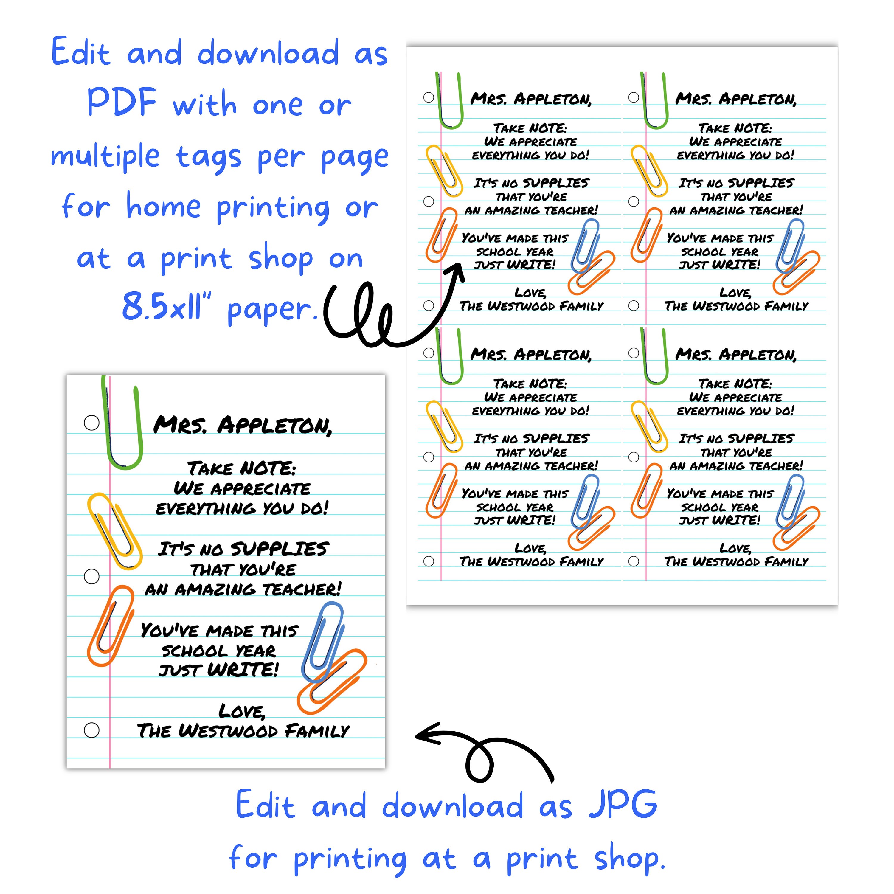 Printable Teacher Note Tag for School Supplies 4x5" - Editable ...