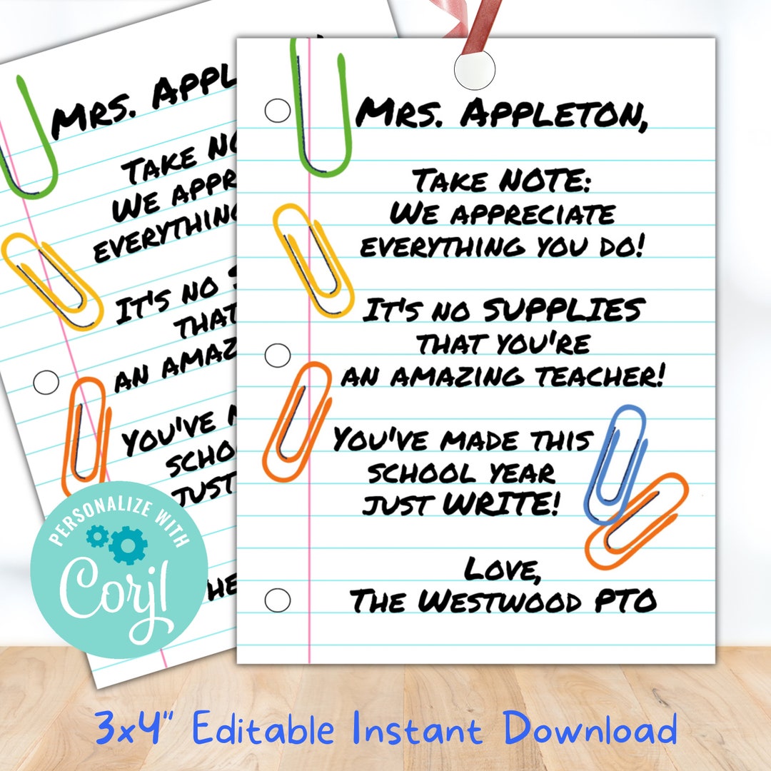 Editable Teacher Appreciation School Supplies Gift Tag 3x4" - Back to ...