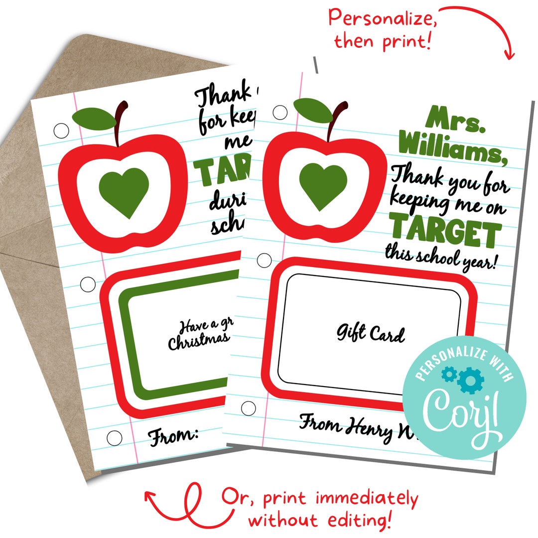 Christmas Gift Card Holder for Teacher Printable - Personalized on ...