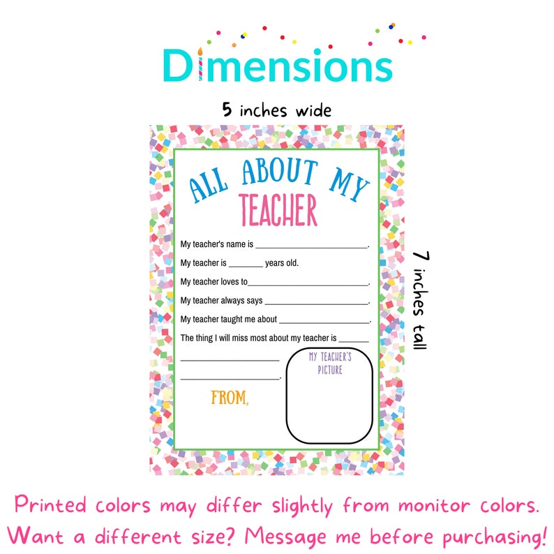 All About My Teacher Printable Card - Student Questionnaire - Teacher ...