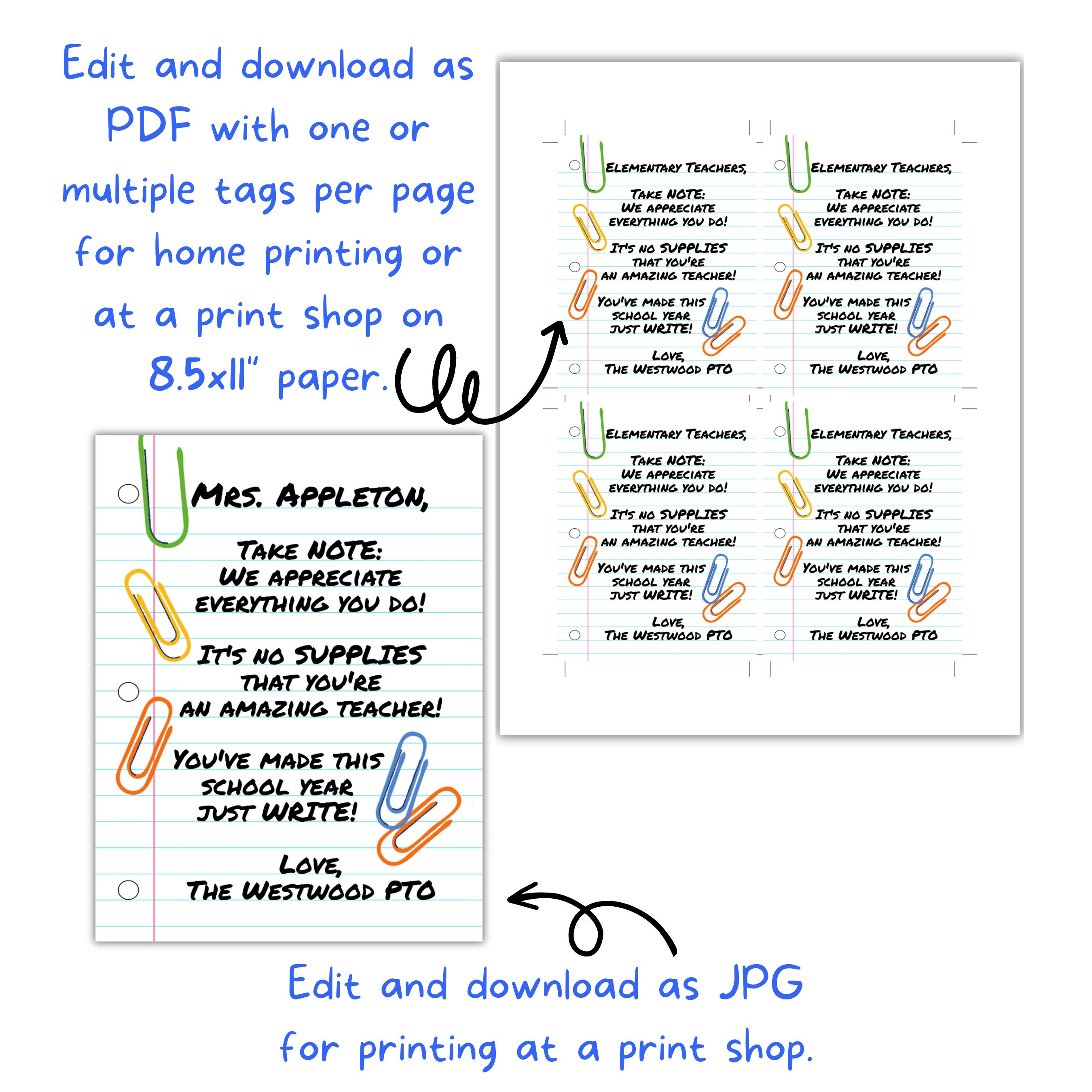 Editable Teacher Appreciation School Supplies Gift Tag 3x4" - Back to ...