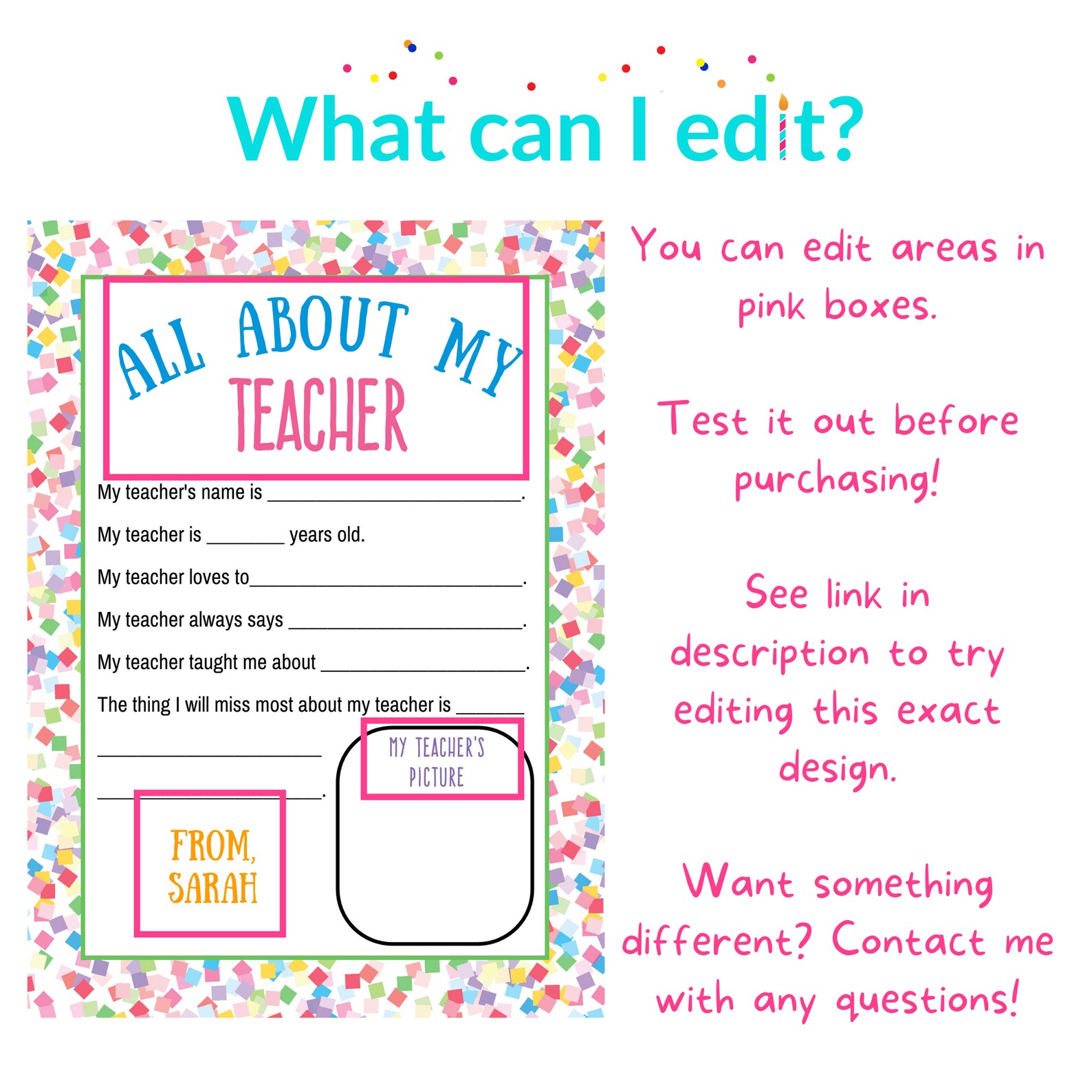 All About My Teacher Printable Card - Student Questionnaire - Teacher ...