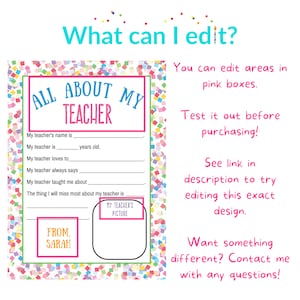All About My Teacher Printable Card - Student Questionnaire - Teacher ...