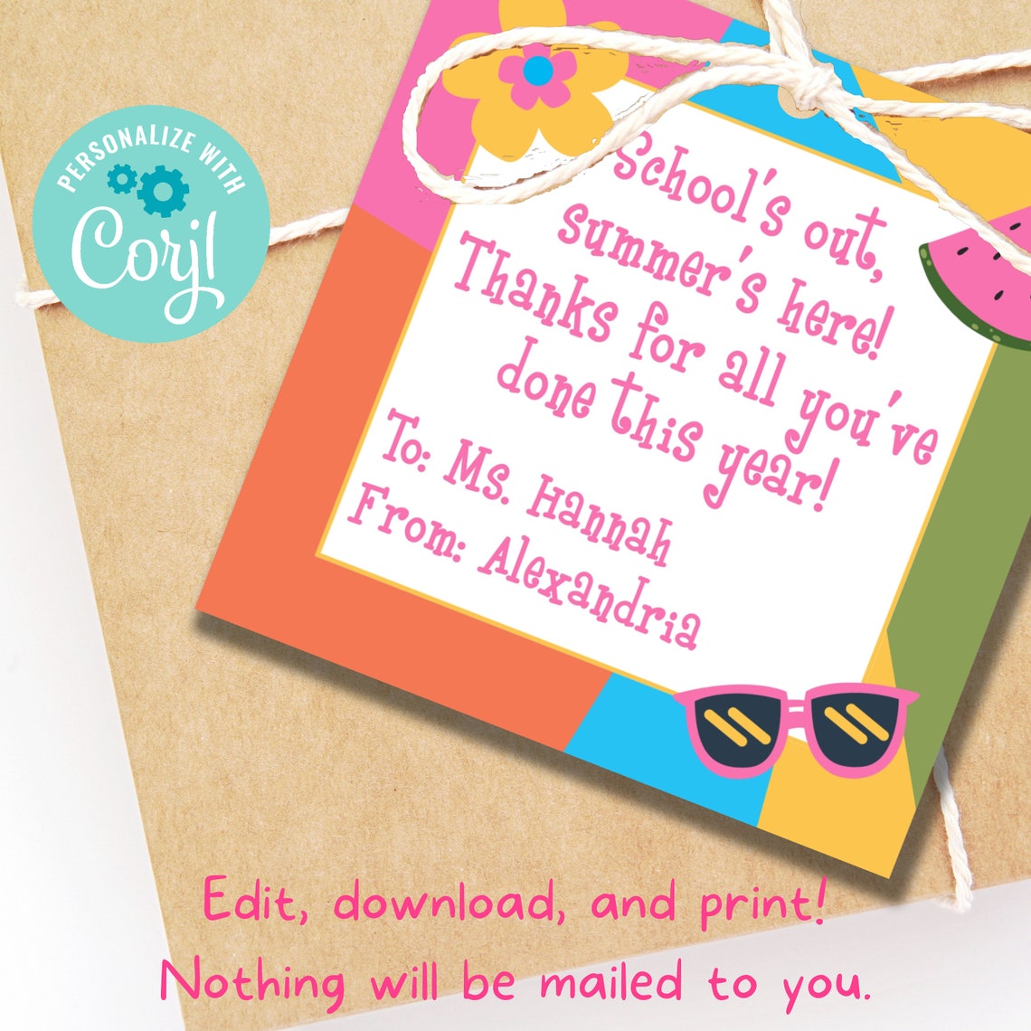 End of School Year Gift Tag for Teacher - Printable Parent Volunteer ...