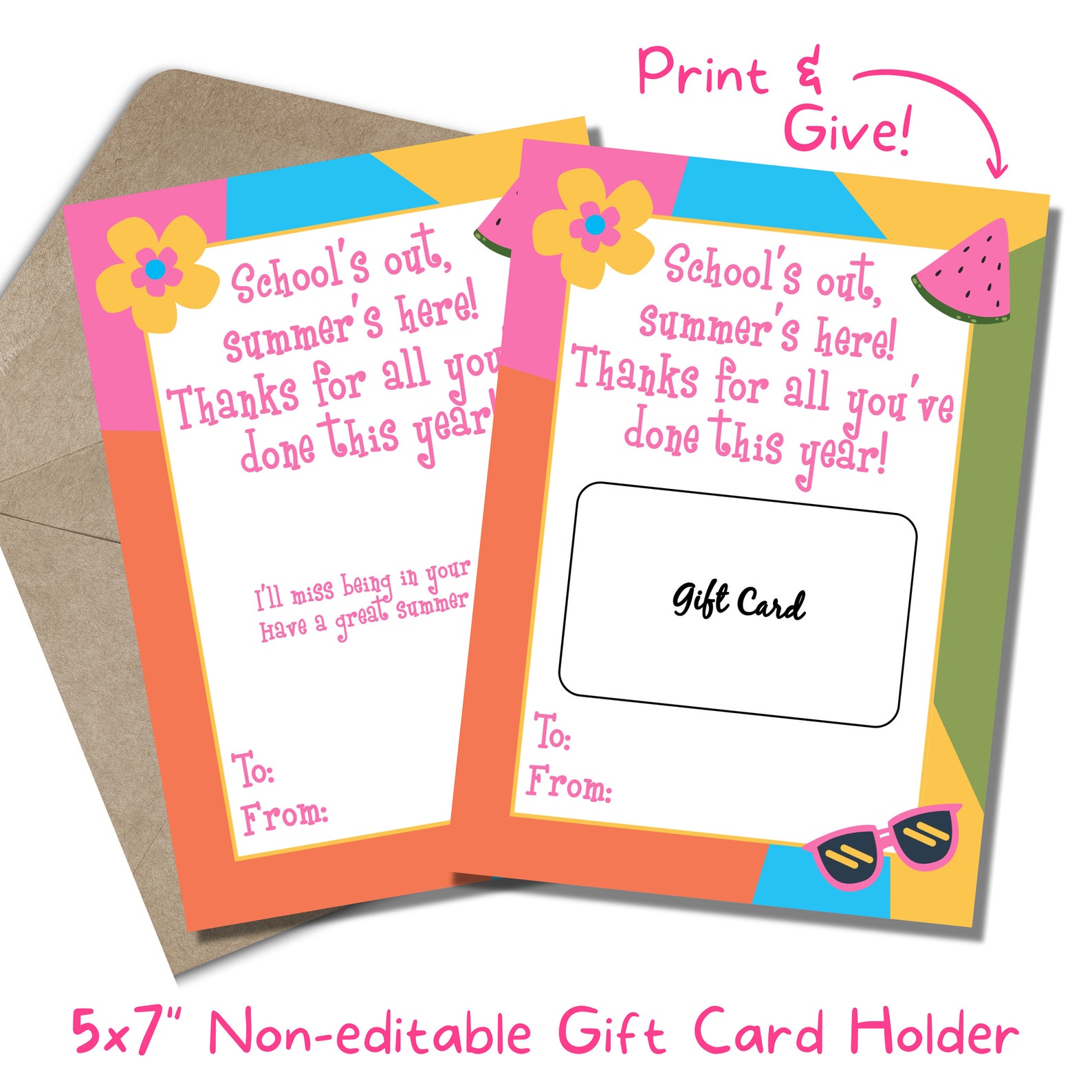 Summer Gift for Teacher Printable - Gift Card Holder End of School Year ...