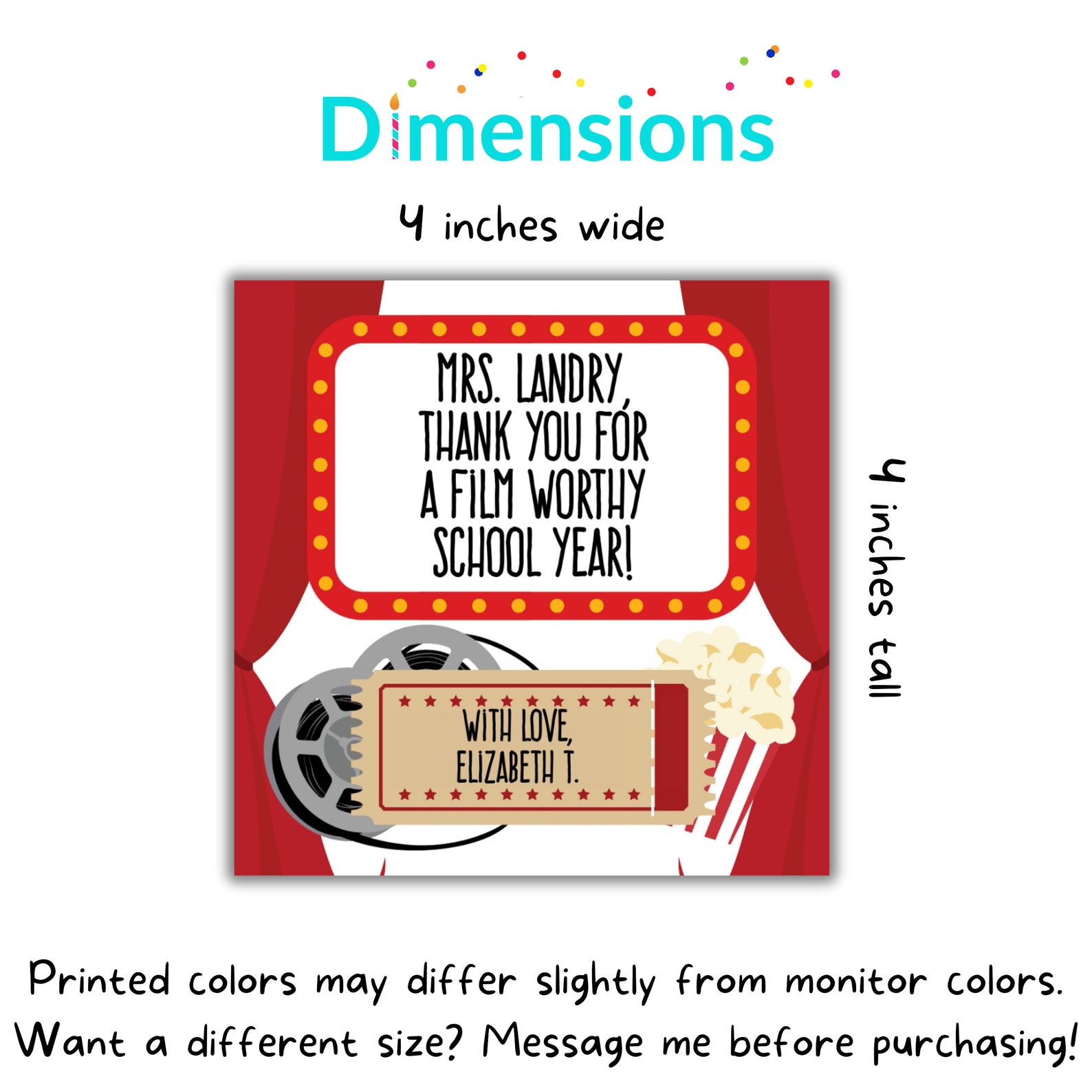 Movie Night Favor Tag 4x4 Inch - Movie and Popcorn Night Teacher ...