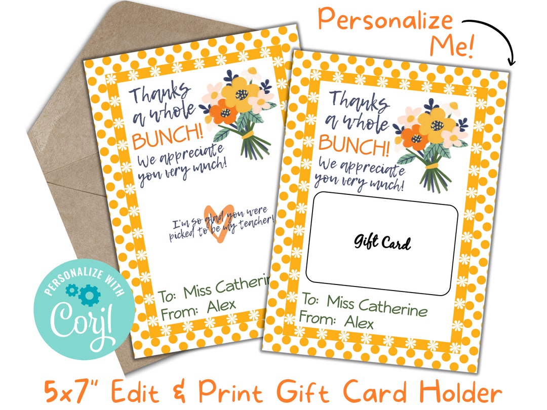 Printable Floral Teacher Gift Card Holder Thanks a Bunch - Etsy