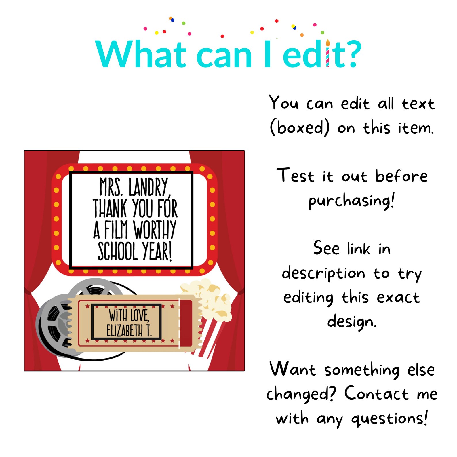 Movie Night Favor Tag 4x4 Inch - Movie and Popcorn Night Teacher ...