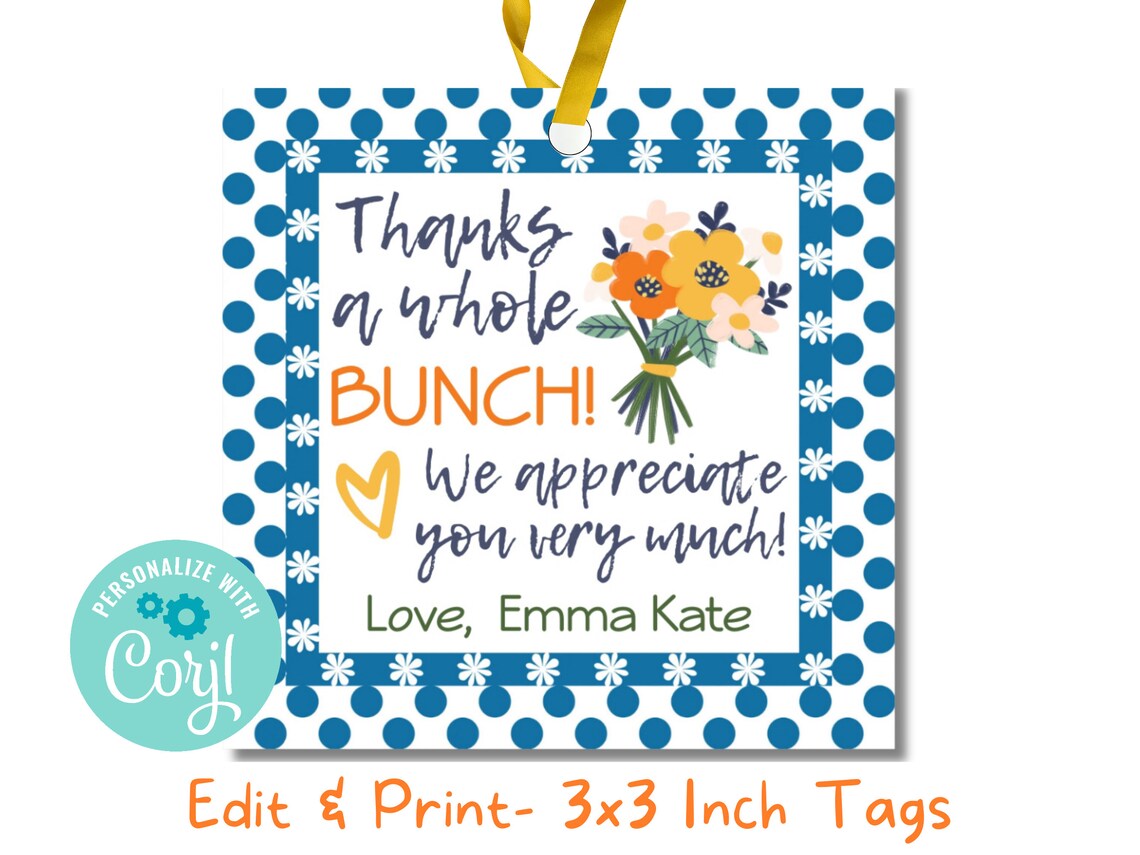 Printable Blue Floral Thank You Tags Thanks a Bunch Gift Tag - Etsy