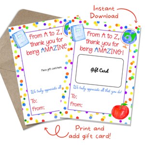 Amazing Teacher From A to Z Gift Card Holder Printable - Teacher ...