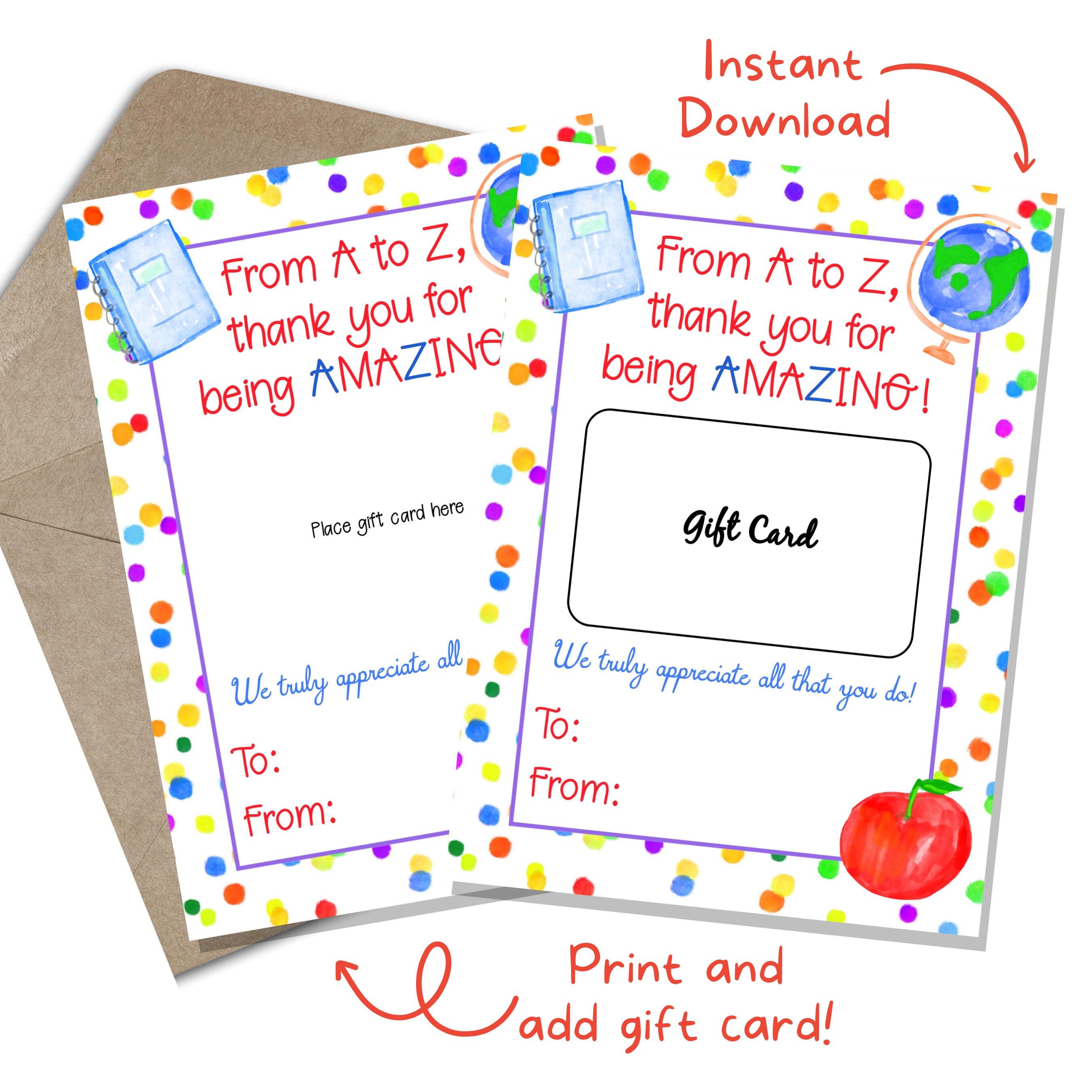 Amazing Teacher From A to Z Gift Card Holder Printable - Teacher ...