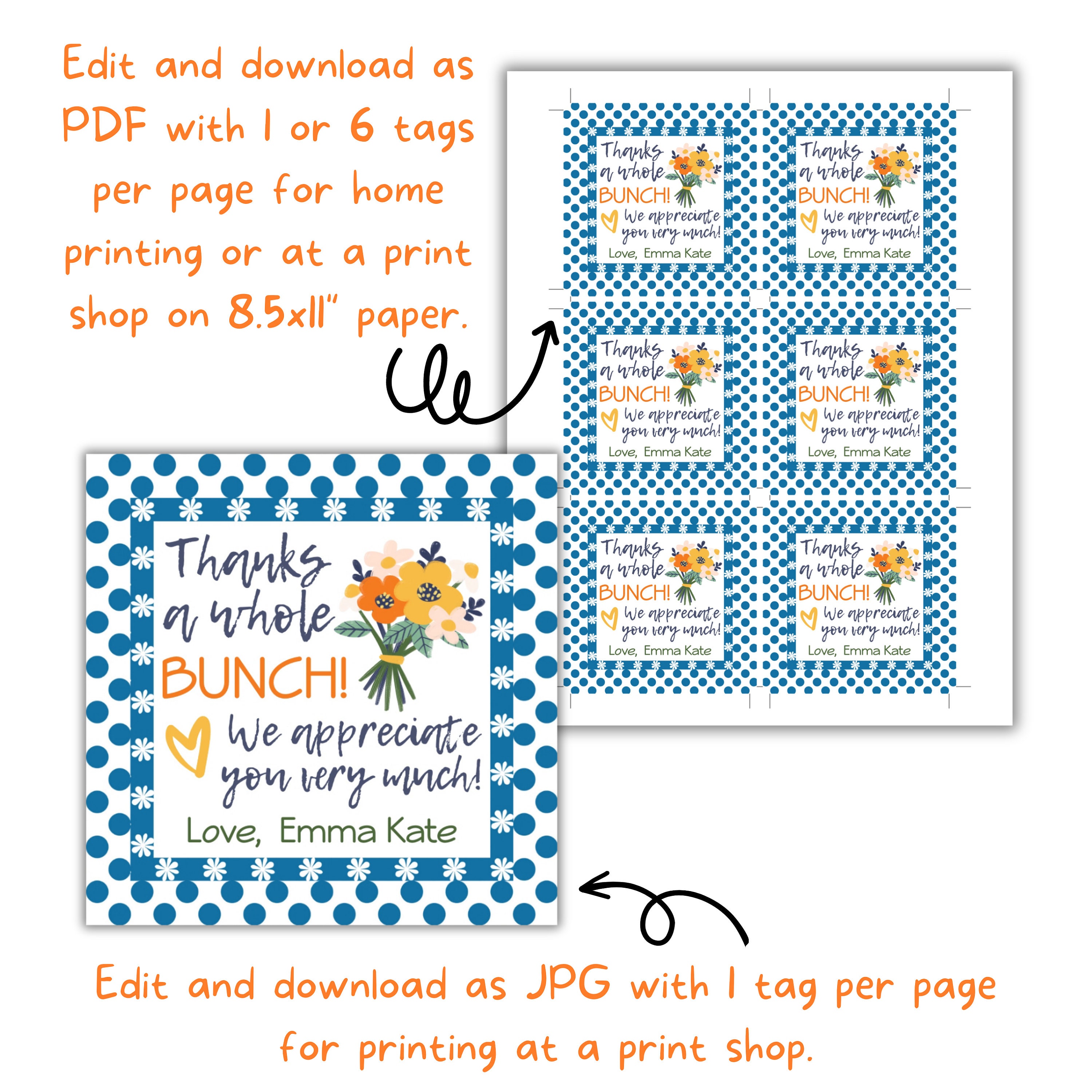 Printable Blue Floral Thank You Tags - Thanks a Bunch Gift Tag for ...