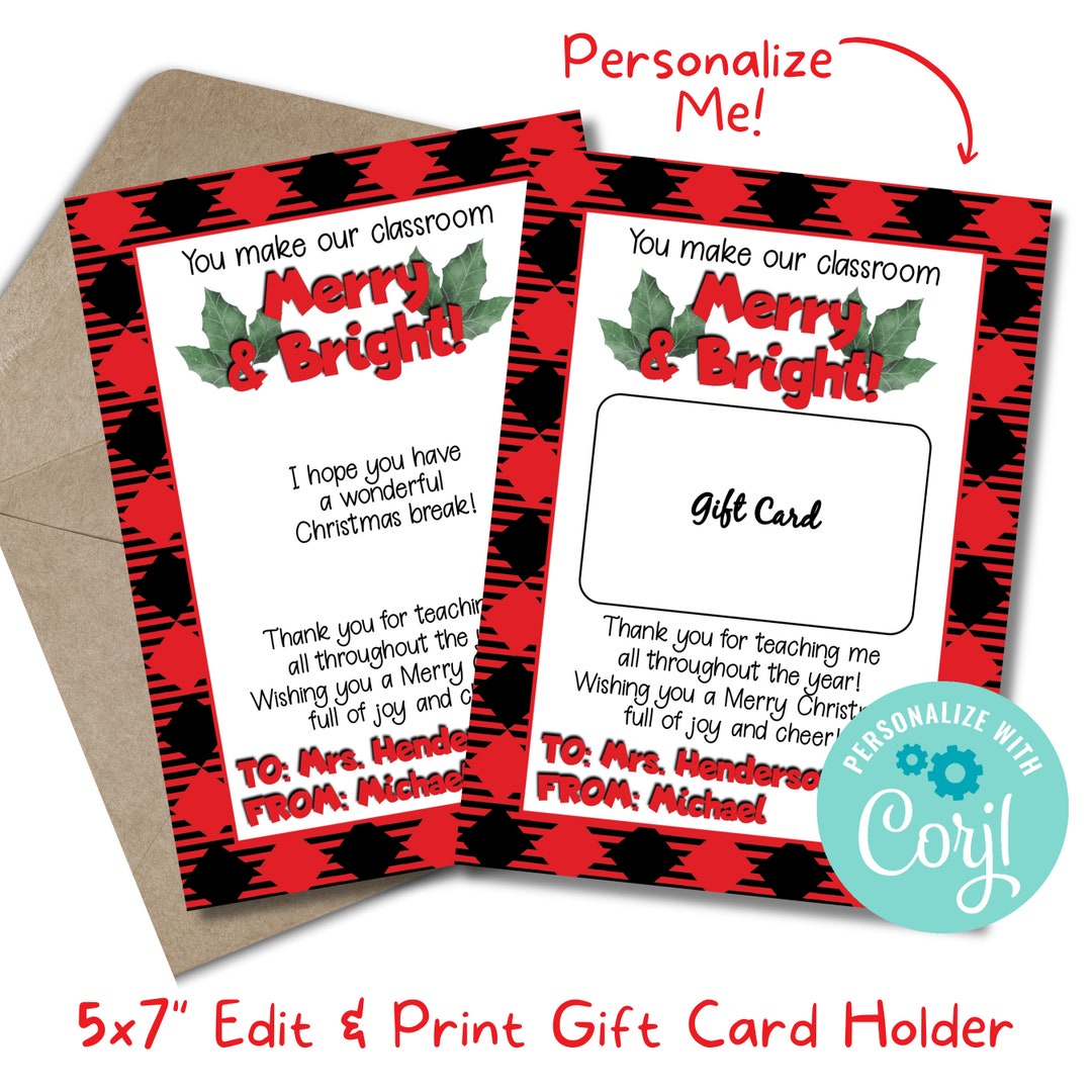 Merry and Bright Christmas Teacher Gift Card Holder Printable - Holiday ...