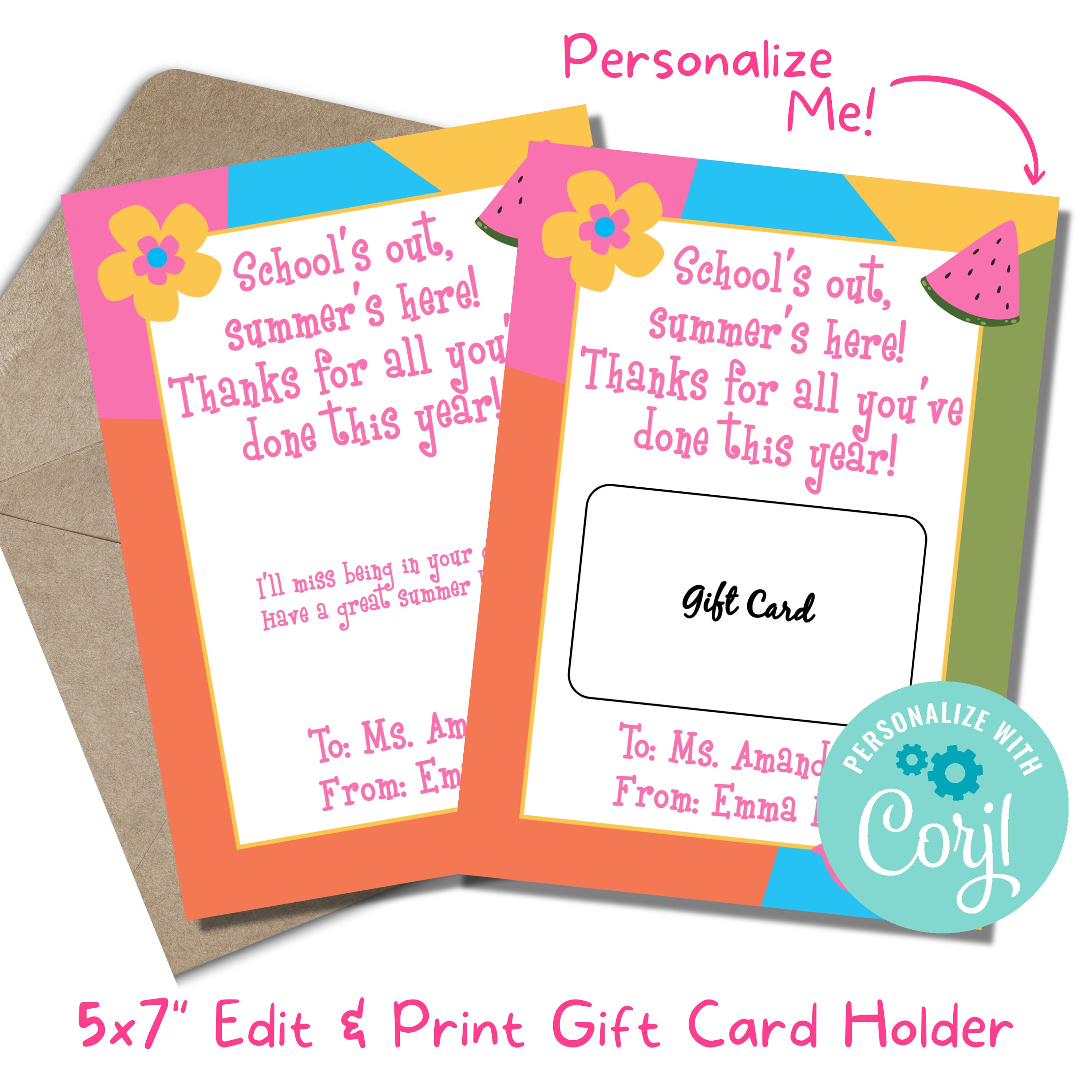 End of Year Teacher Printable Gift Card Holder - Colorful Summer Gift ...