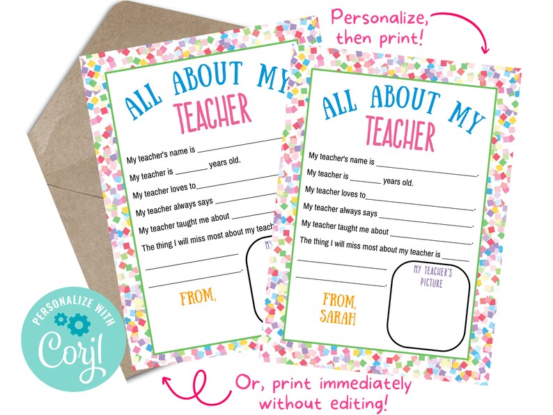 All About My Teacher Printable Card Student Questionnaire - Etsy Canada