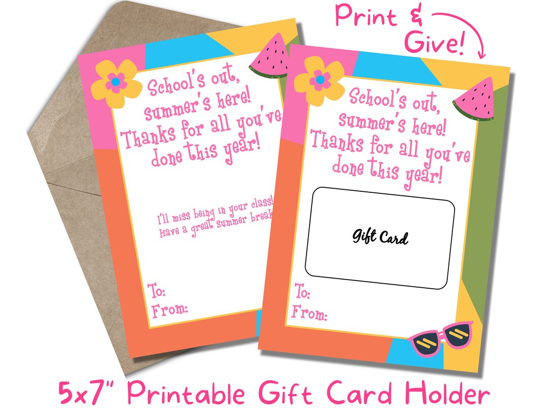 Summer Gift for Teacher Printable Gift Card Holder End of - Etsy