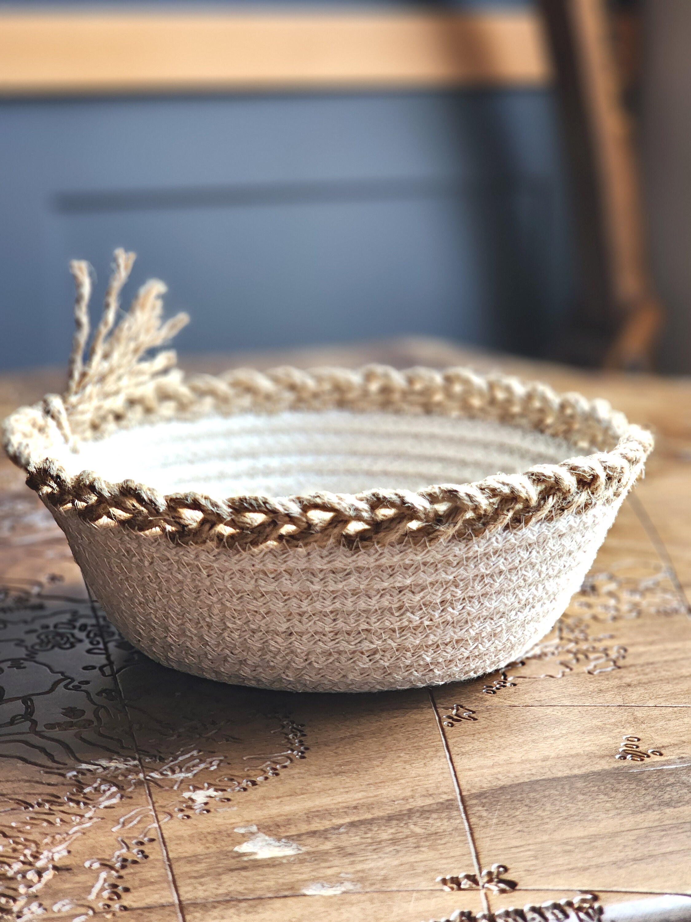 Jute Braided Off-white Cotton Rope Basket and Coasters, Natural Cotton ...