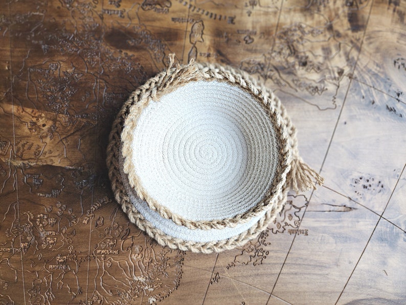 Jute Braided Off-white Cotton Rope Basket and Coasters, Natural Cotton ...