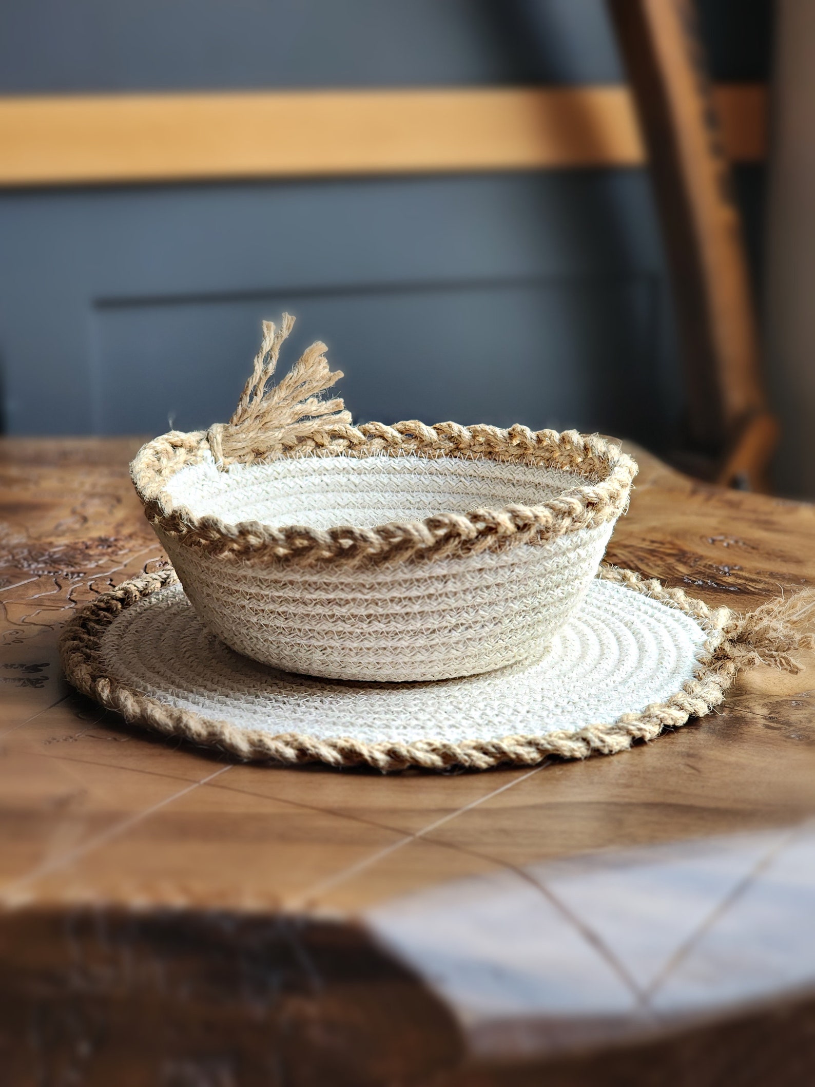 Jute Braided Off-white Cotton Rope Basket and Coasters, Natural Cotton ...