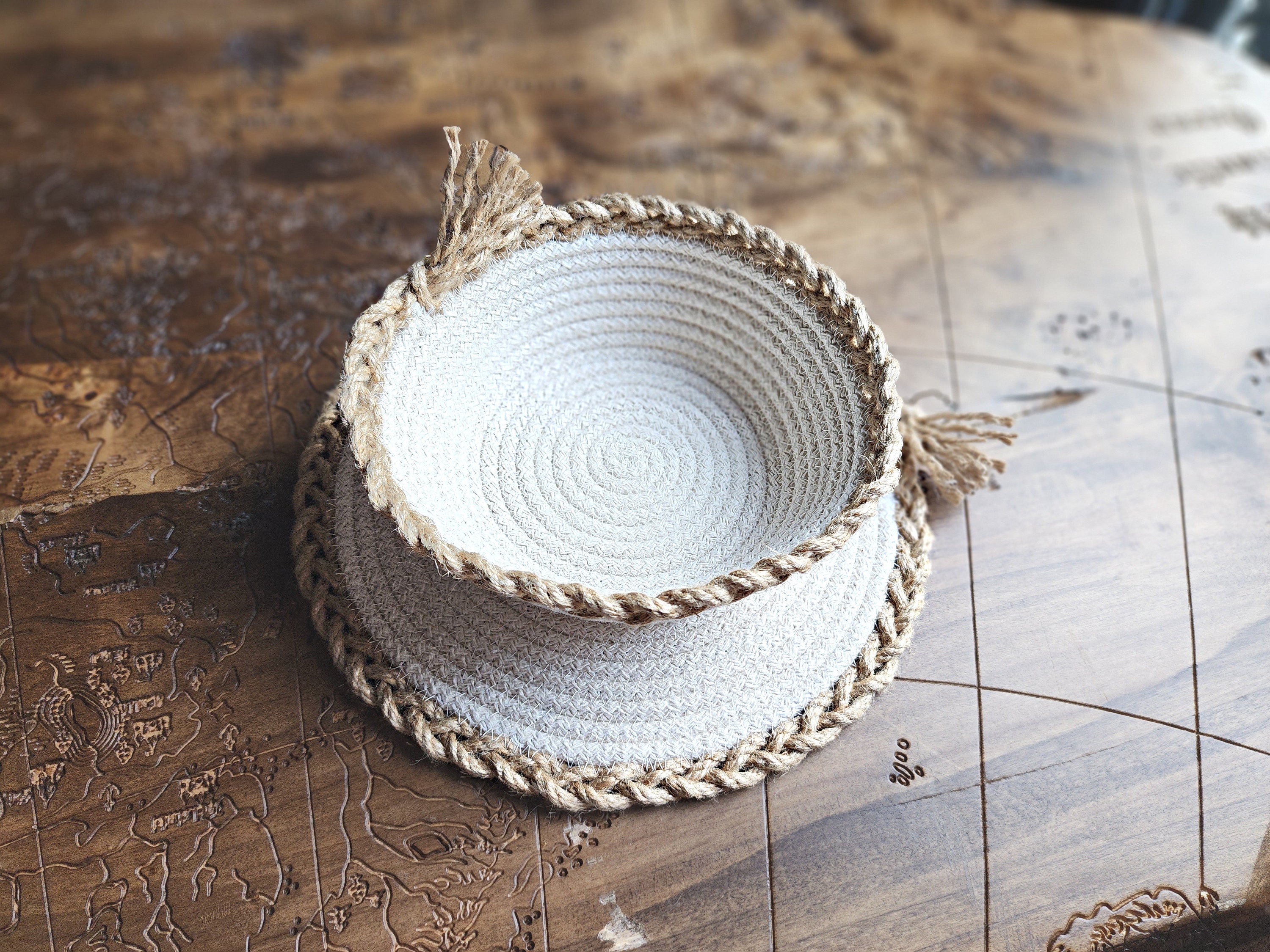 Jute Braided Off-white Cotton Rope Basket and Coasters, Natural Cotton ...
