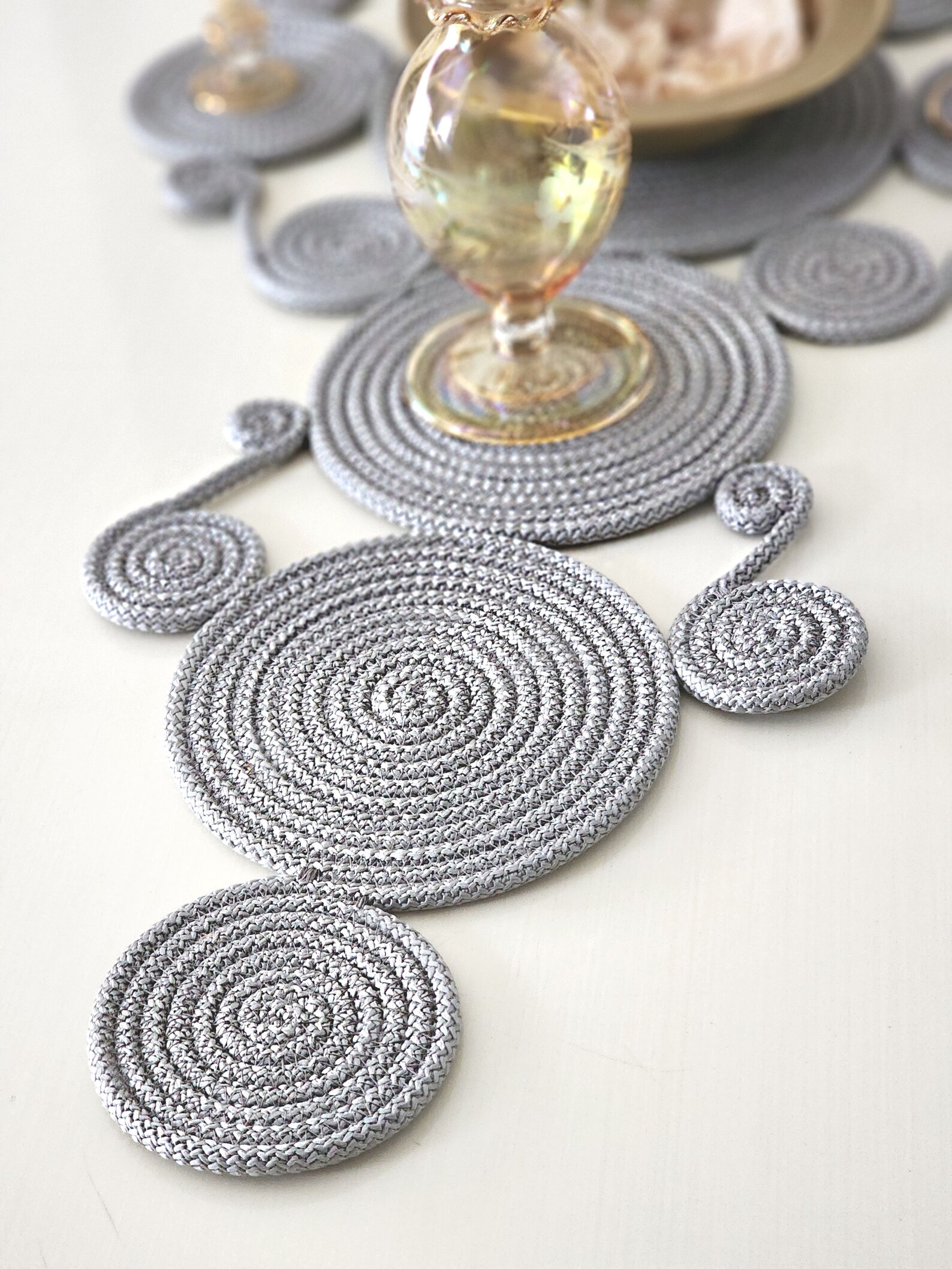 Gray Luxury Rope Table Runner, Handmade Centerpiece , Sewn Table Mats ...