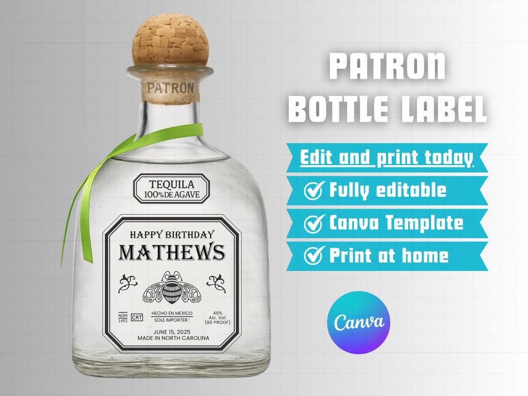 Silver Patron Tequila Custom Label, Patron Bottle Labels, Patron Custom ...