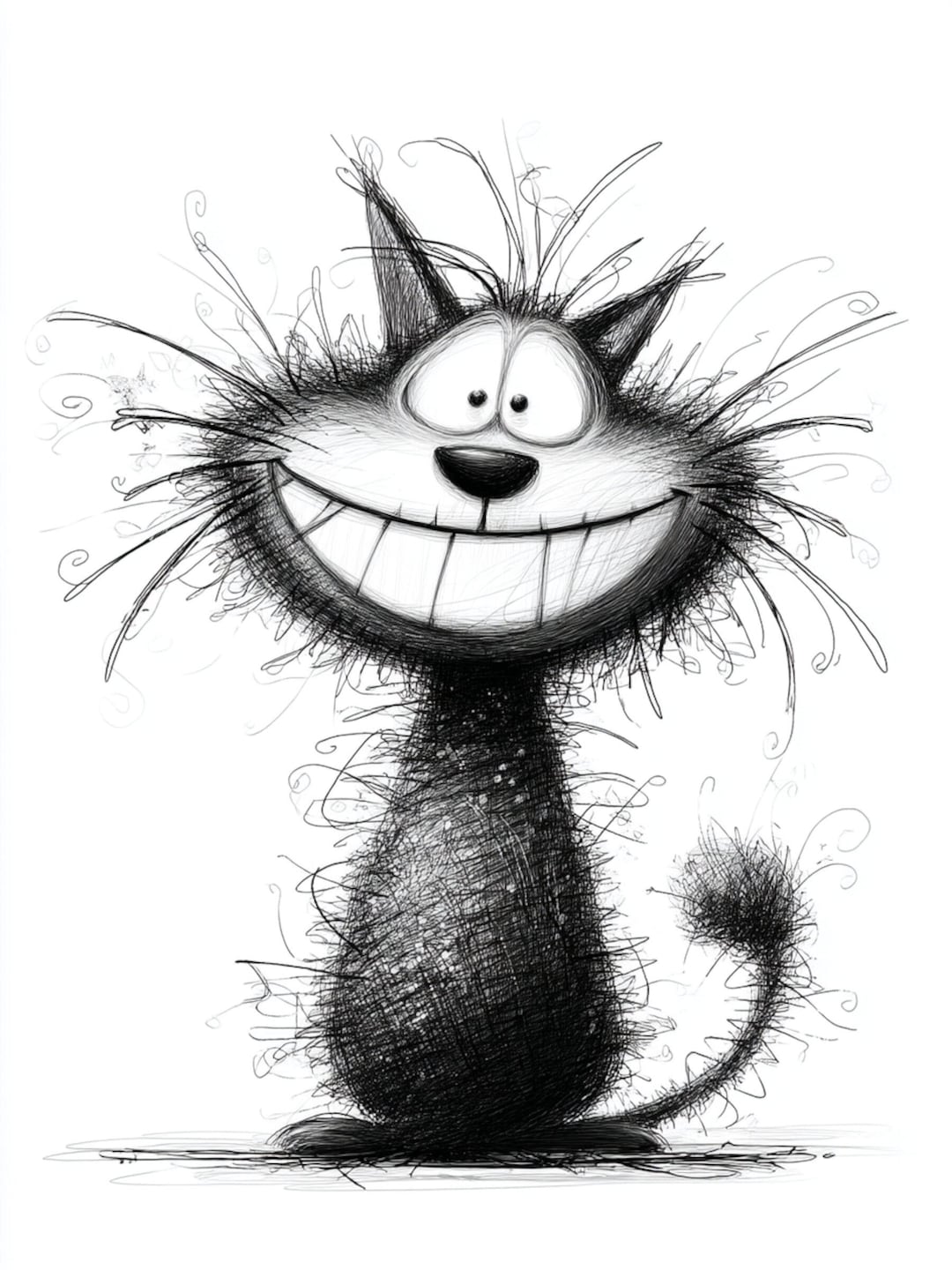 Grinny Paws, Funny Cat Drawing, Doodle Cat Art, Quirky Cat Illustration ...