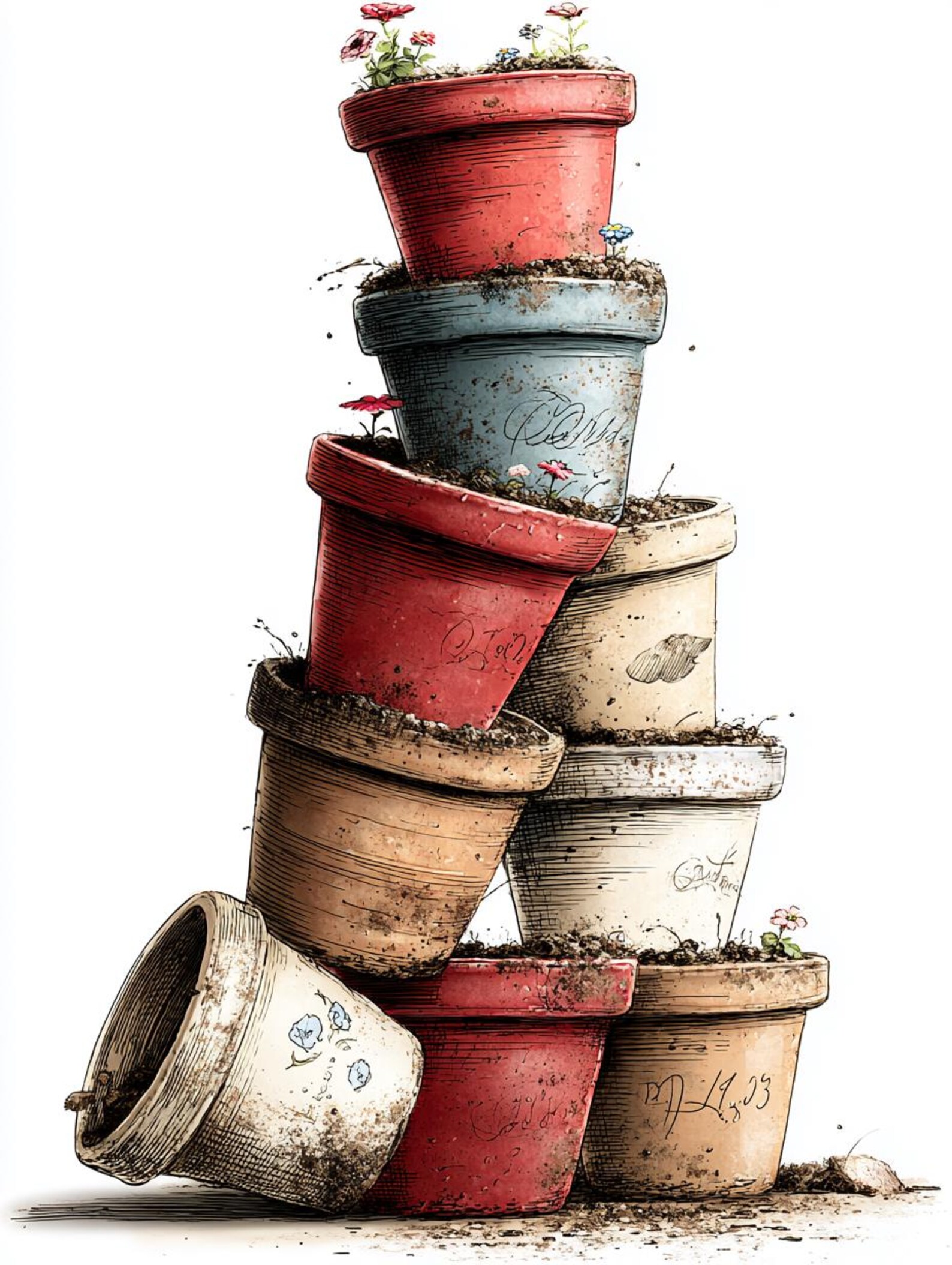 Stacked Terracotta Pots CLIPART, Rustic Garden Planters in Vintage Ink ...