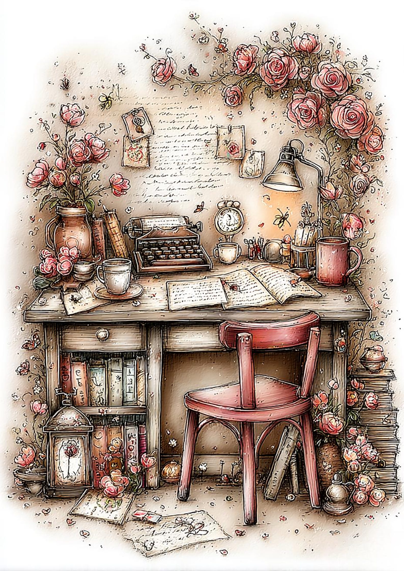Vintage Floral Journal Desk CLIPART, Writing Table Scene, Cottage ...