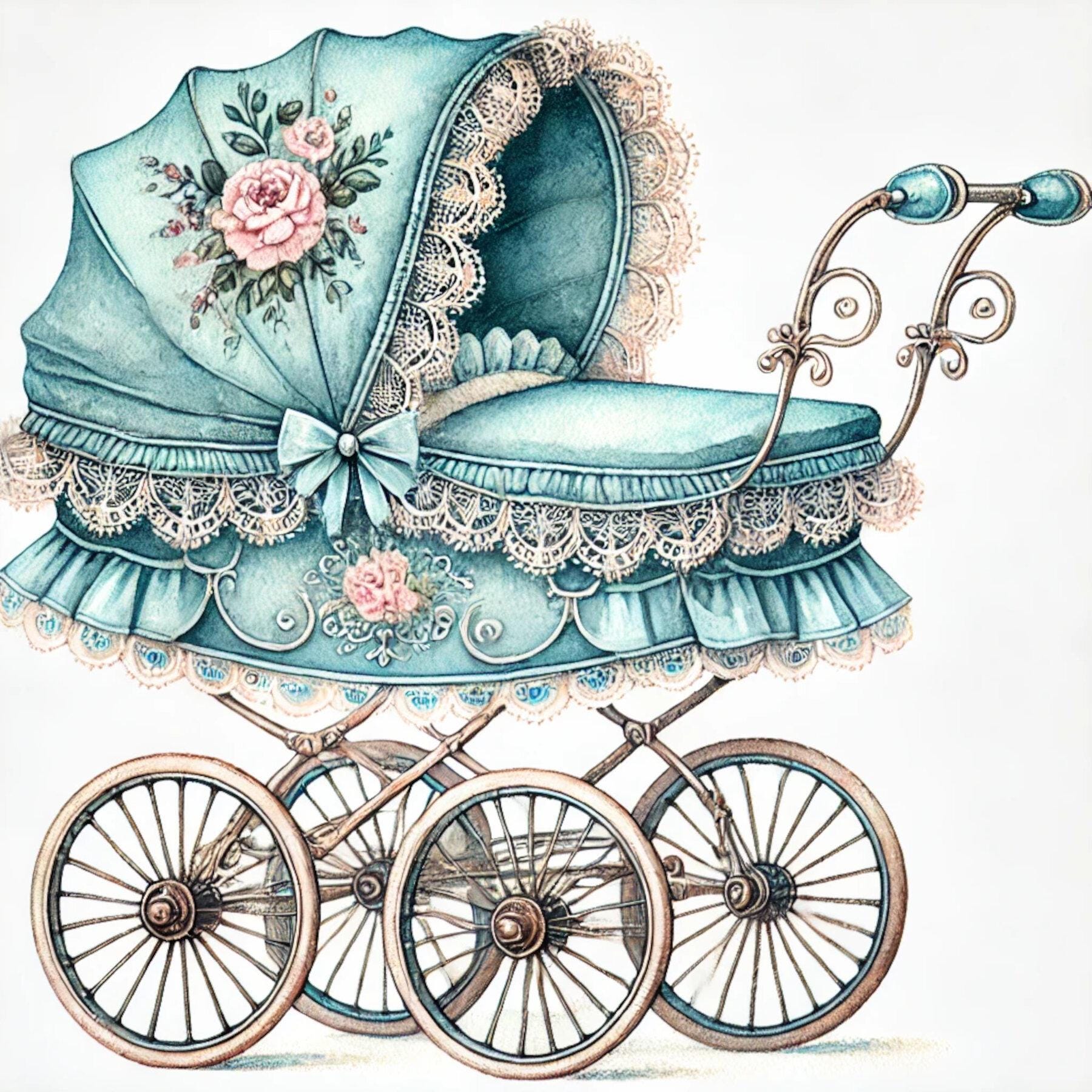 Watercolor Baby Pram Clipart: Vintage Stroller, Nursery Art (JPG Images ...