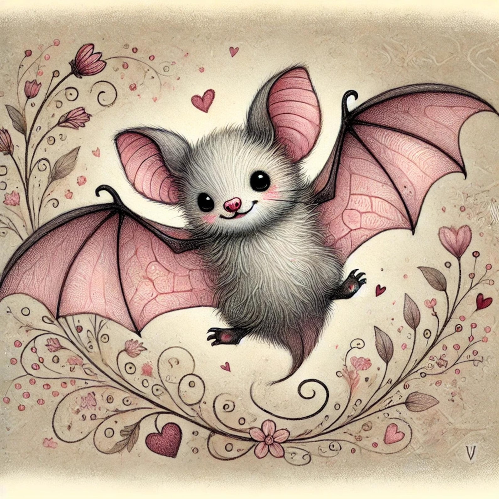 Bertie Bat, Cute Bat, Valentine Bat, Whimsical Bat, Love Bat, Forest ...