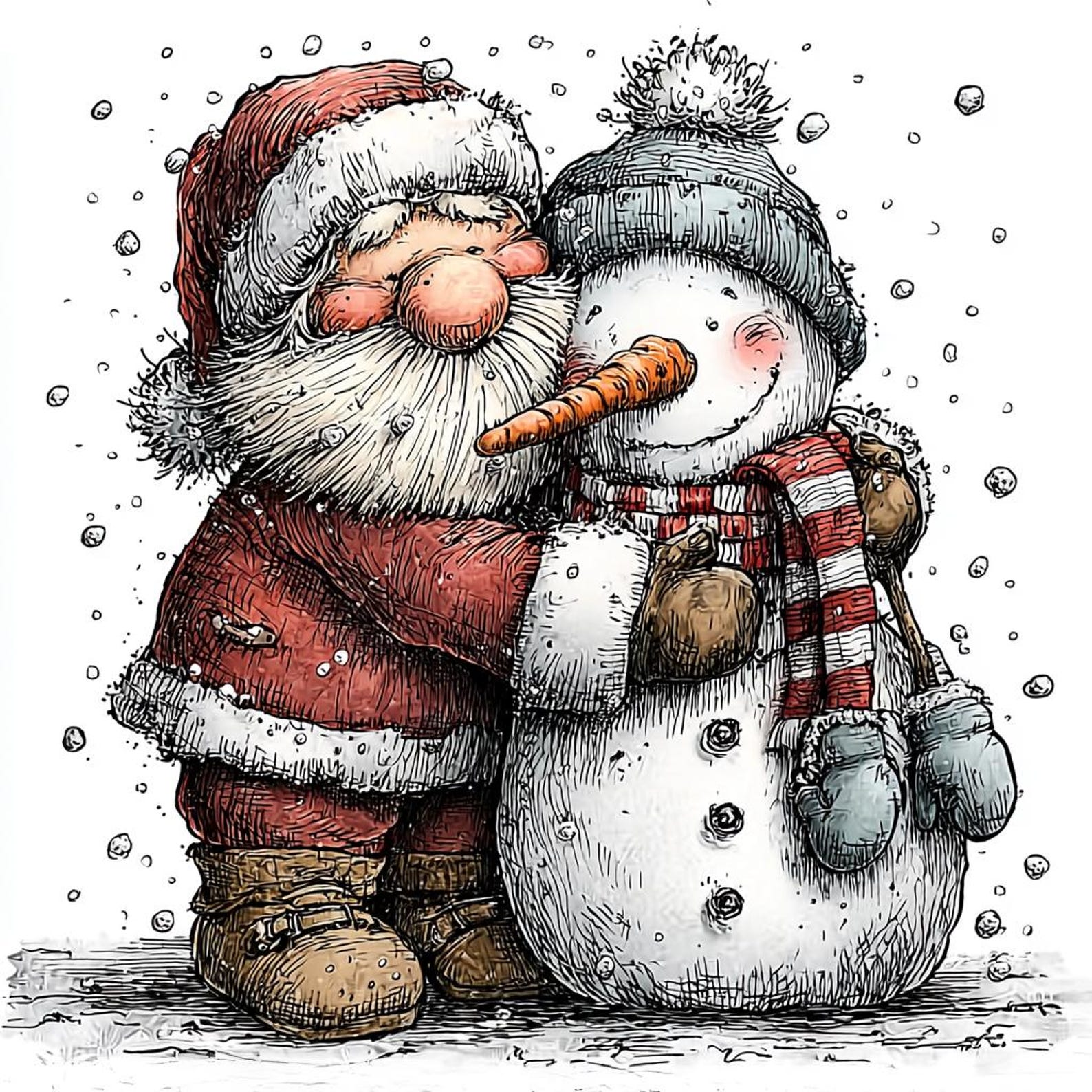 Cozy Santa and Snowman PNG Set, Whimsical Winter Friends Clipart, Hand ...